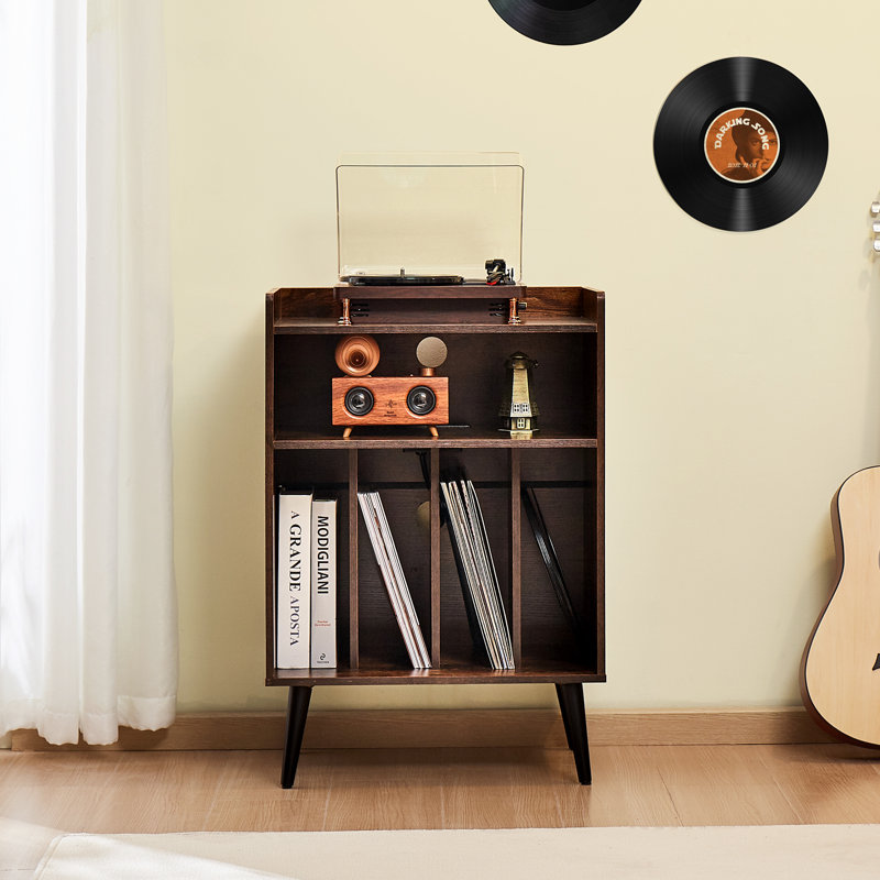 17 Stories 3-Tier Record Player with LED Light & USB Ports Wooden Vinyl ...