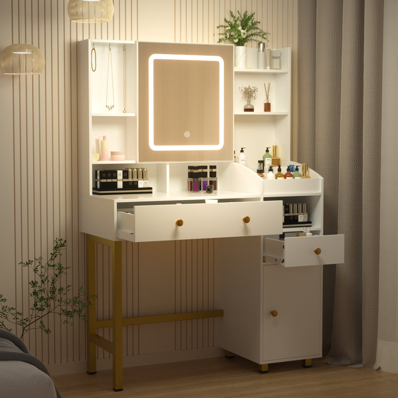 Mercer41 Vaka Make Up Vanity with Lighted Mirror | Wayfair