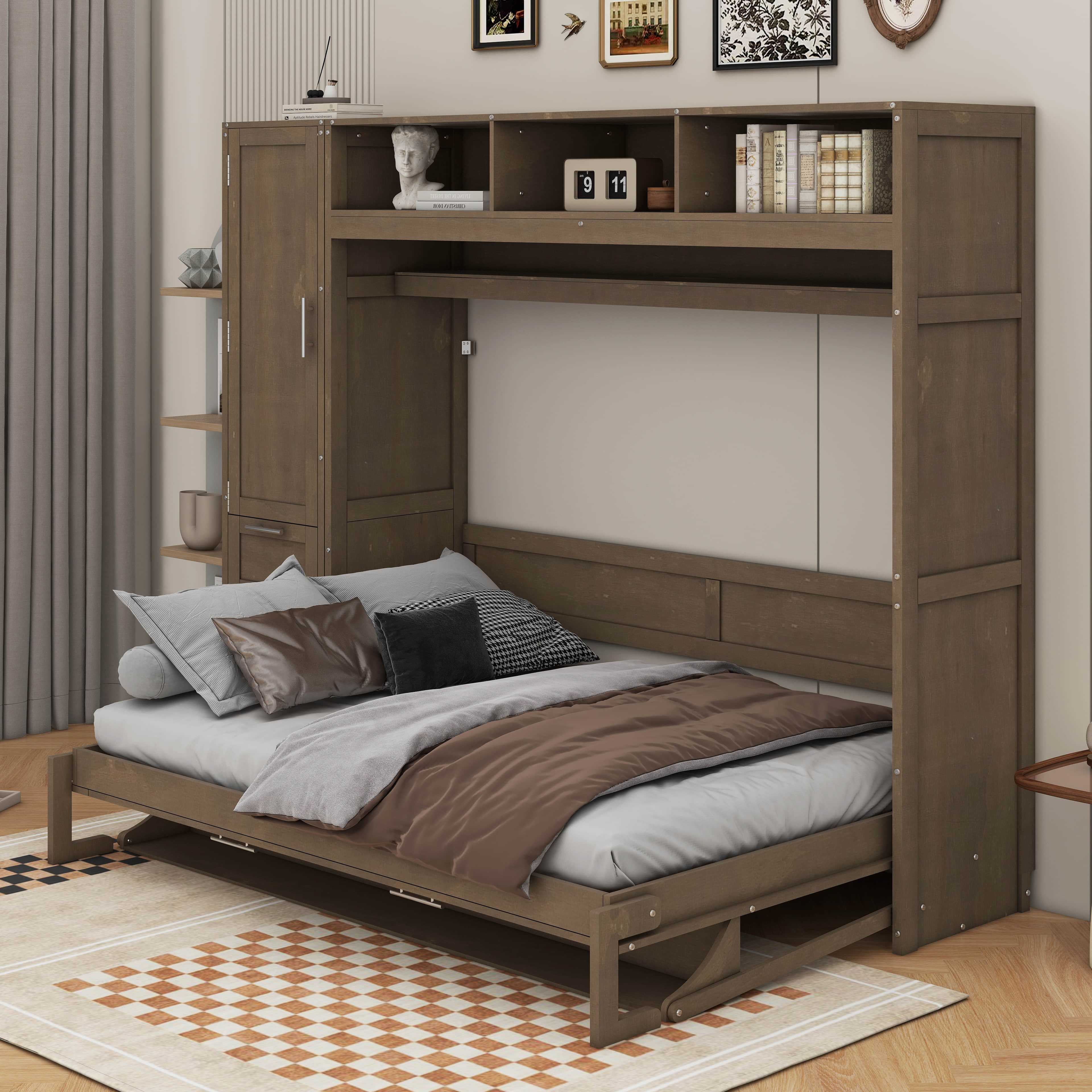 Hokku Designs Full Size Murphy Bed With Wardrobe, Drawers And Open ...