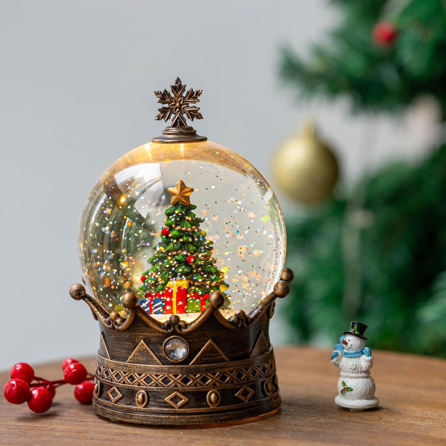 The Holiday Aisle® Christmas Snow Globe Lantern Water Glittering Christmas Tree Crown With Music ...