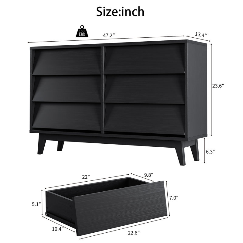 George Oliver Vintage Bevel Design Wood Double Dresser With 6 Drawers ...