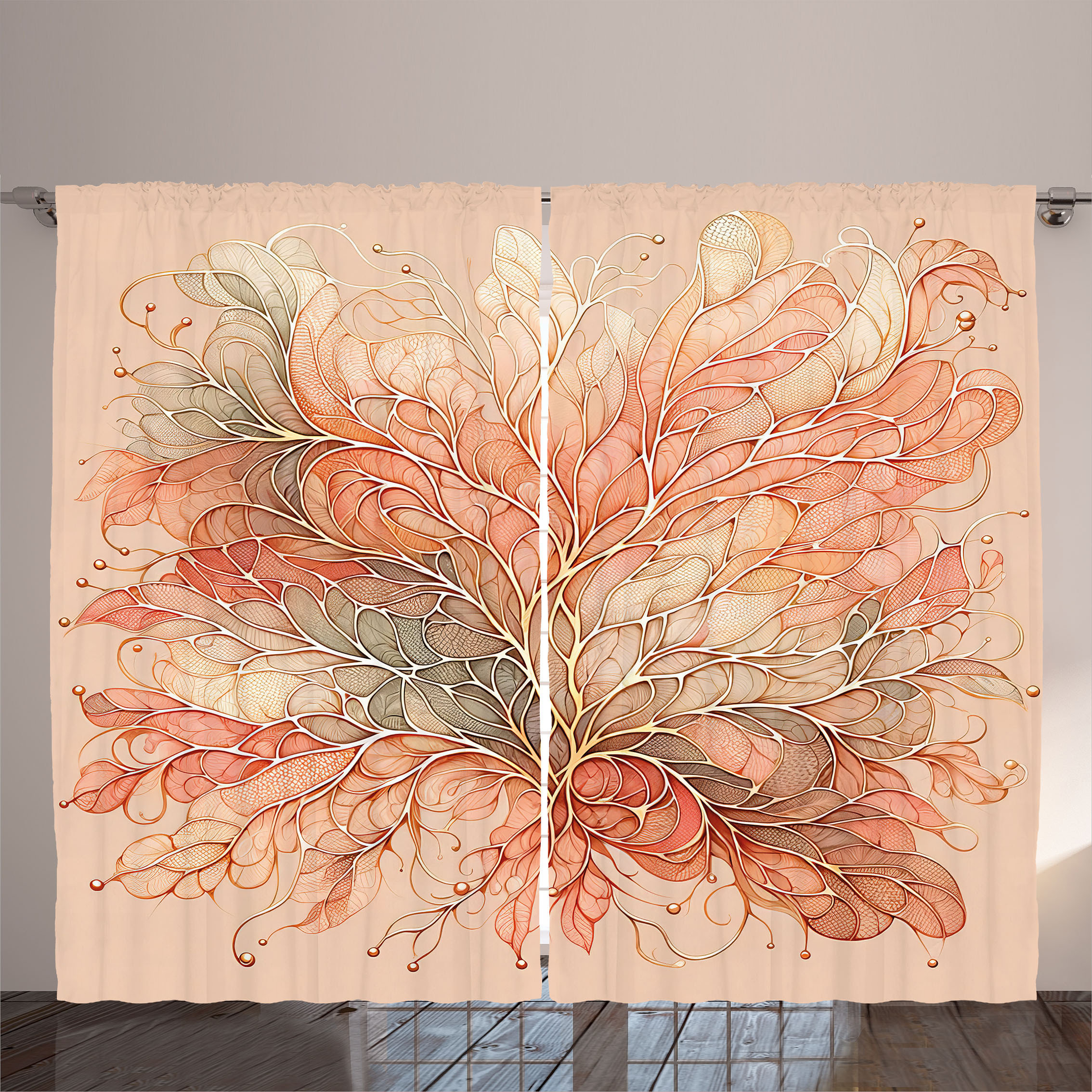 Ambesonne Curtains 2 Panel Set, Soft Scale and Leafy Branches, Salmon ...