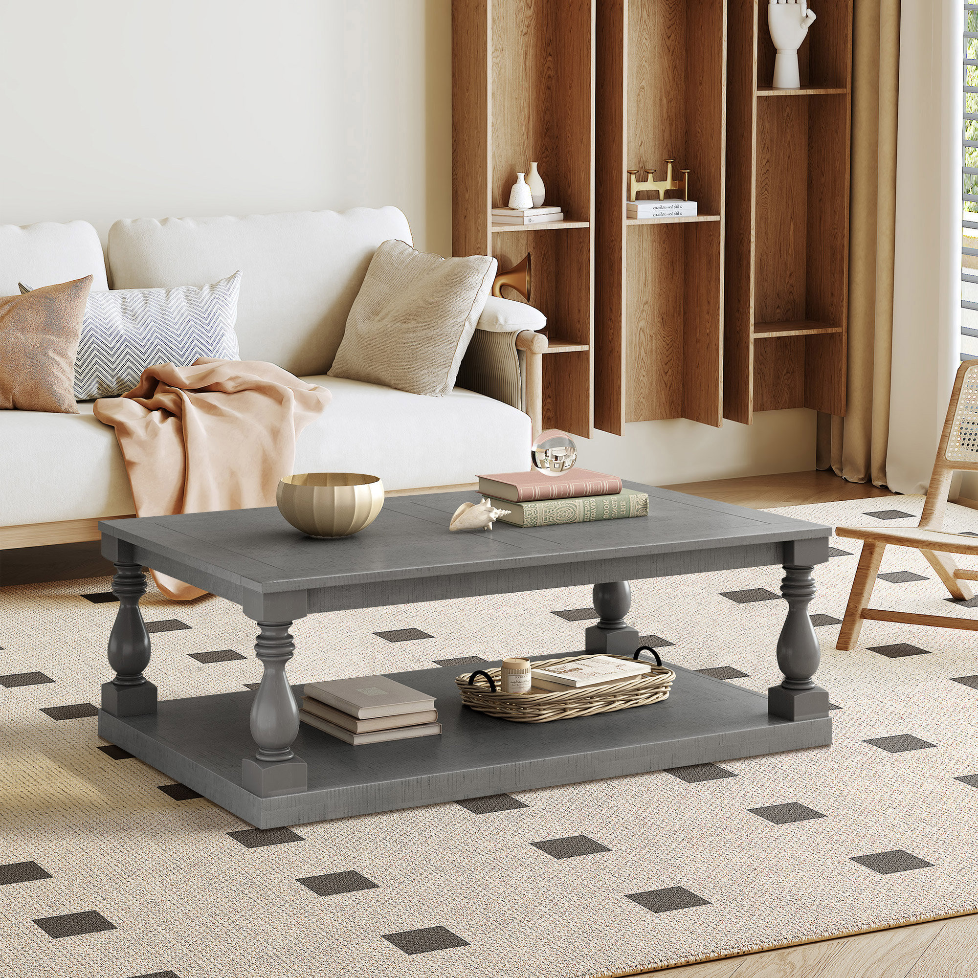 George Oliver Luxurious 45.2" Solid Wood Coffee Table With Bottom Shelf ...