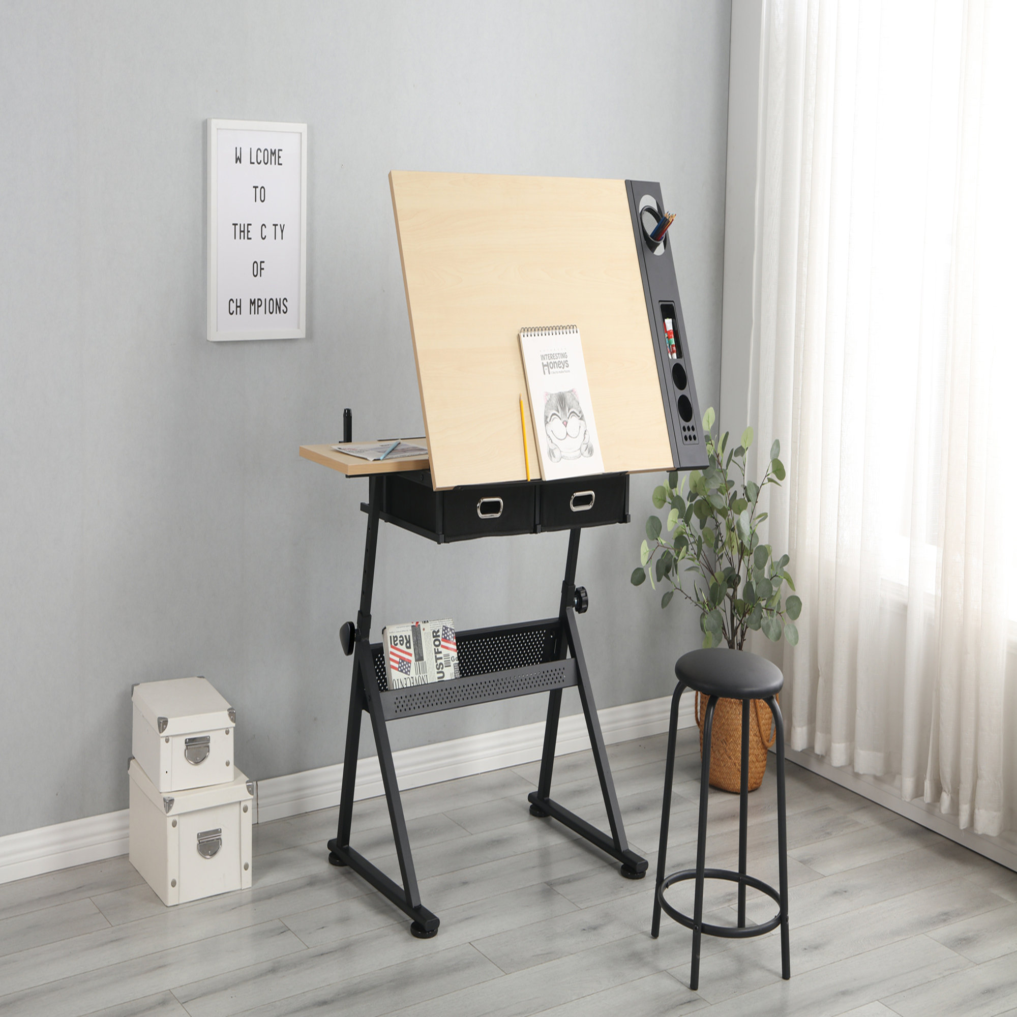 17 Stories adjustable drawing drafting table desk with 2 drawers for ...