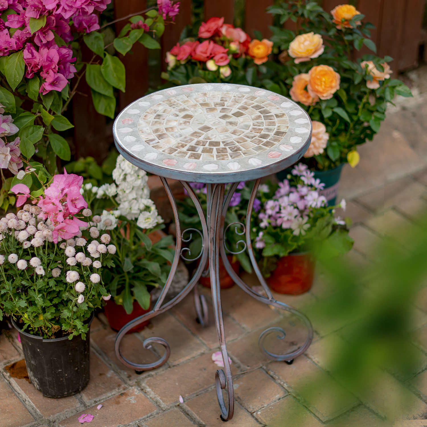 Frstem Seashell Mosaic Patio Table And Plant Stand, Outdoor Side Table ...