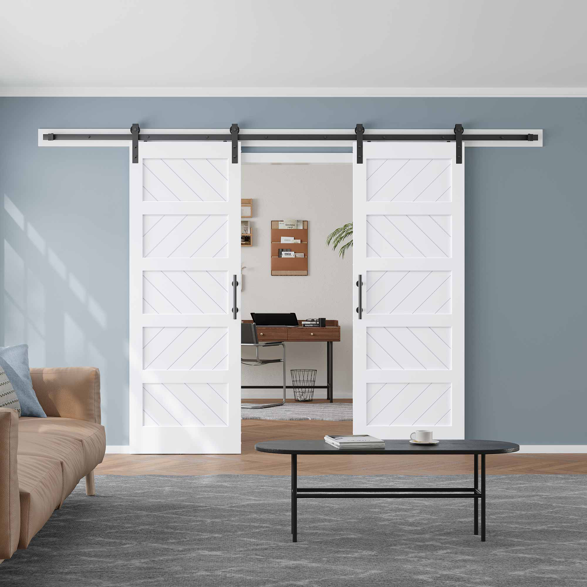 TREEBLING 84" Height 5-Panel Manufactured Wood Double Barn Door with ...