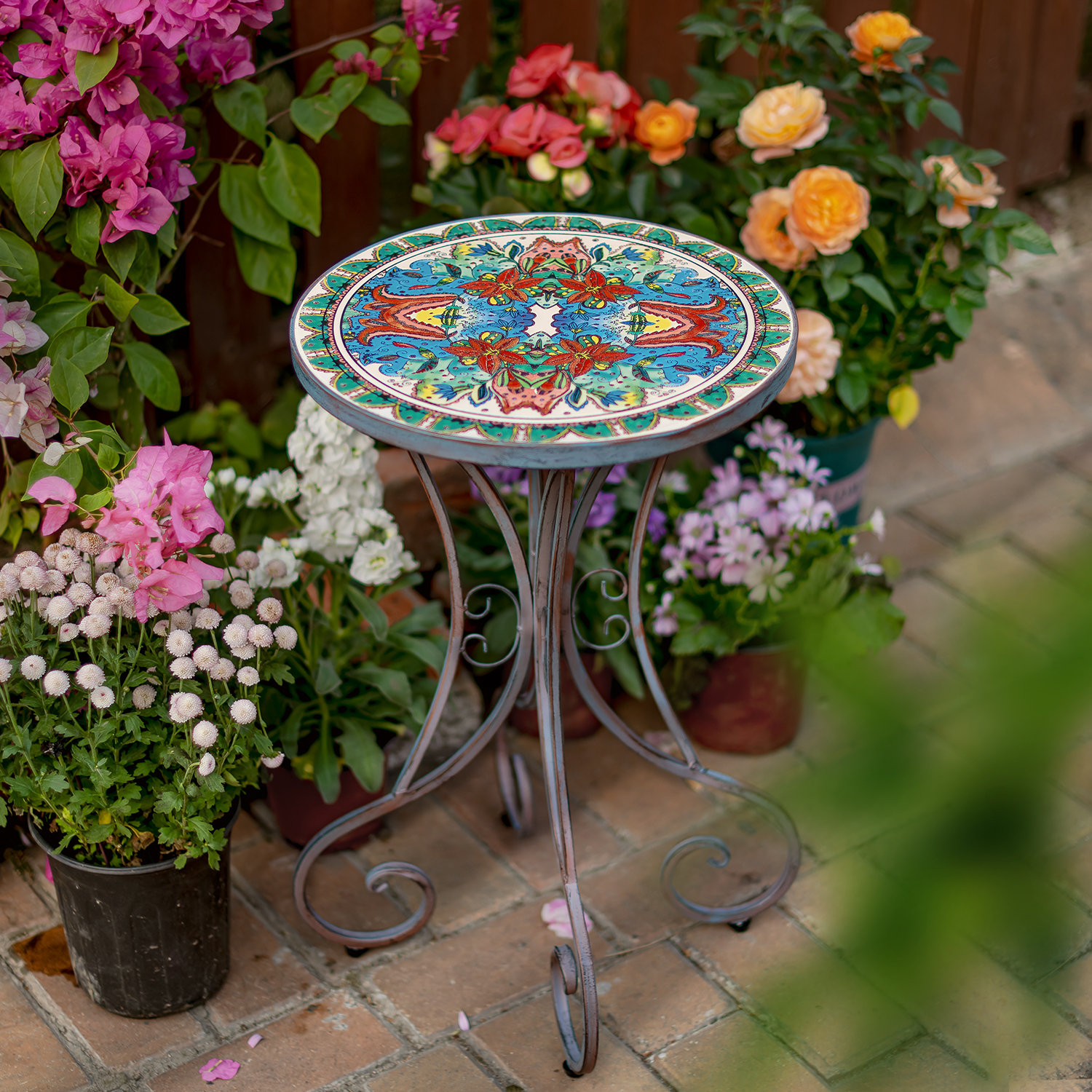 Frstem Table de patio en mosaïque Wild Lily et support pour plante ...
