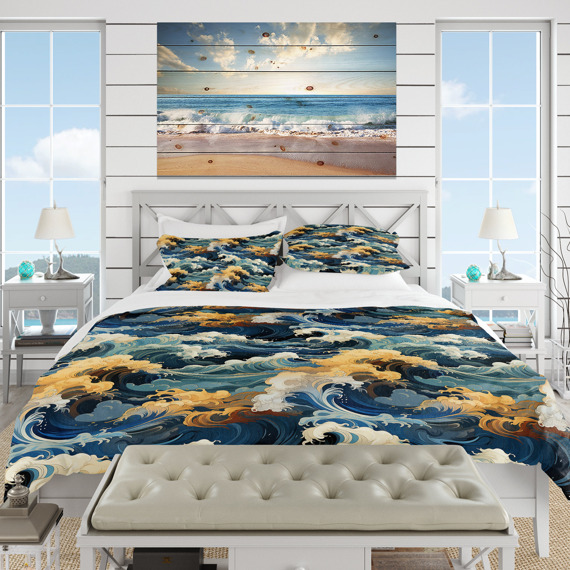 Design Art Sunrise Hokusai Waves Japanese Pattern II - Coastal Duvet ...