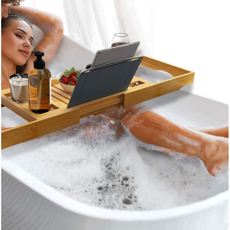 Millwood Pines Foldable Bamboo Bathtub Caddy Tray Expandable For Luxury ...