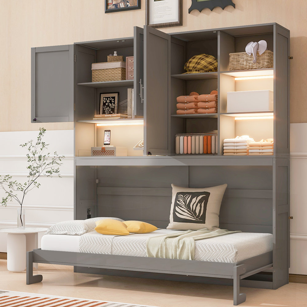 Latitude Run® Wall Murphy Bed with Top Cabinet and Shelves, Space ...