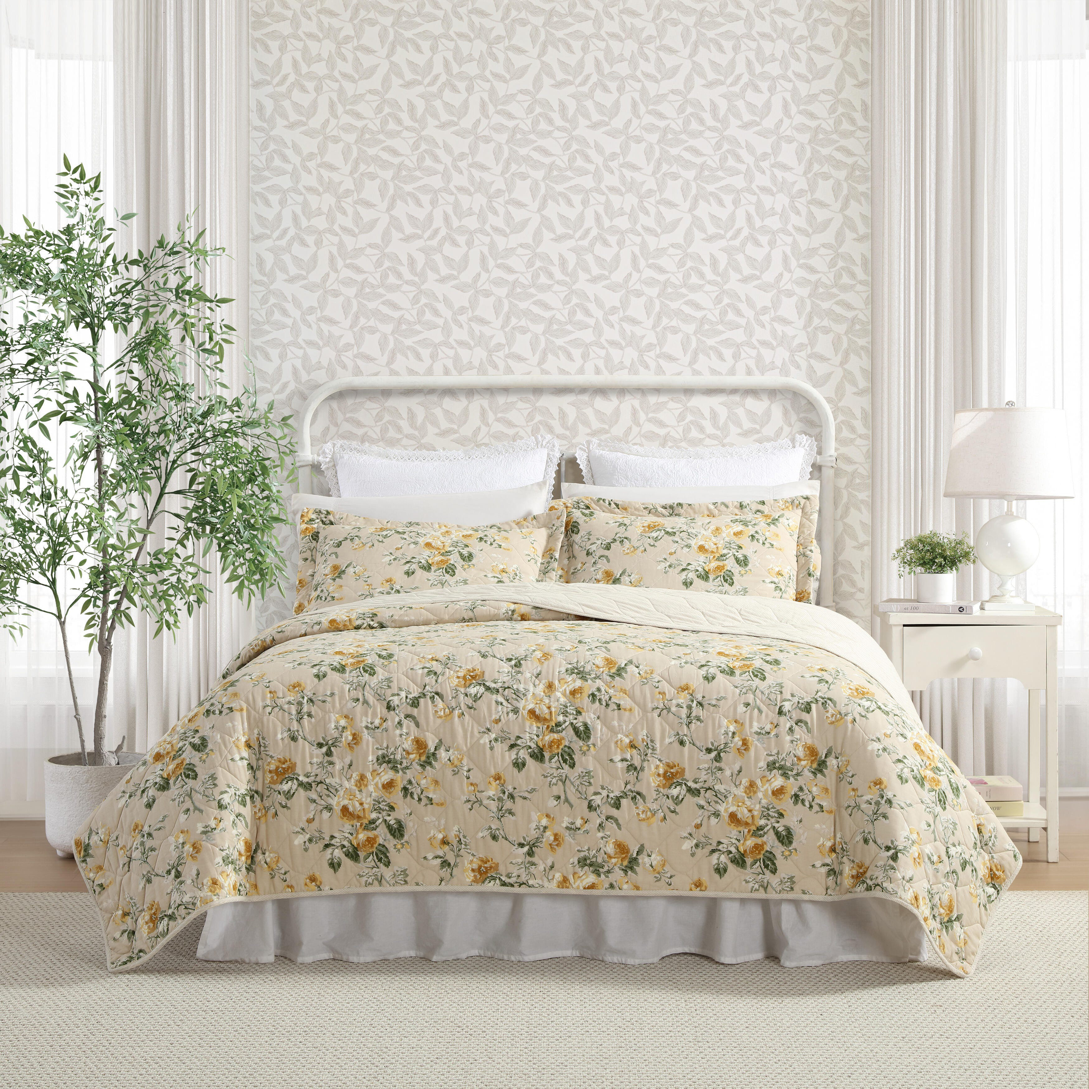 Laura Ashley Roses Cotton Reversible Gold Quilt Set & Reviews | Wayfair