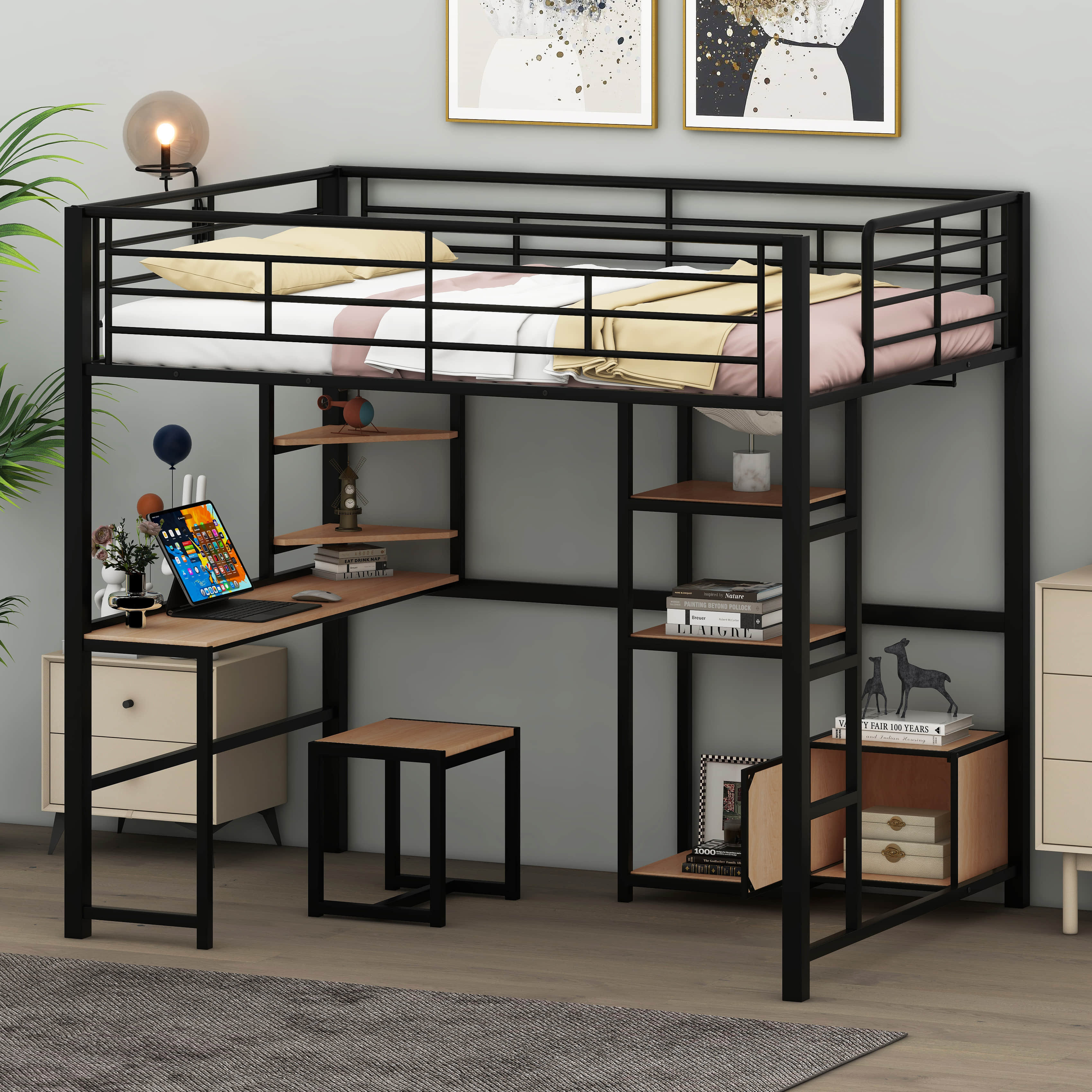 Mason & Marbles Crivello Full Size Metal Loft Bed with Desk and Stool ...