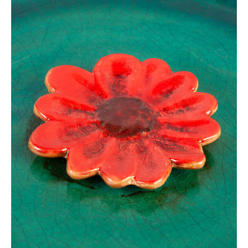 Orren Ellis Markisha Ceramic Bird and Bee Bath, Blue with Red Flower ...