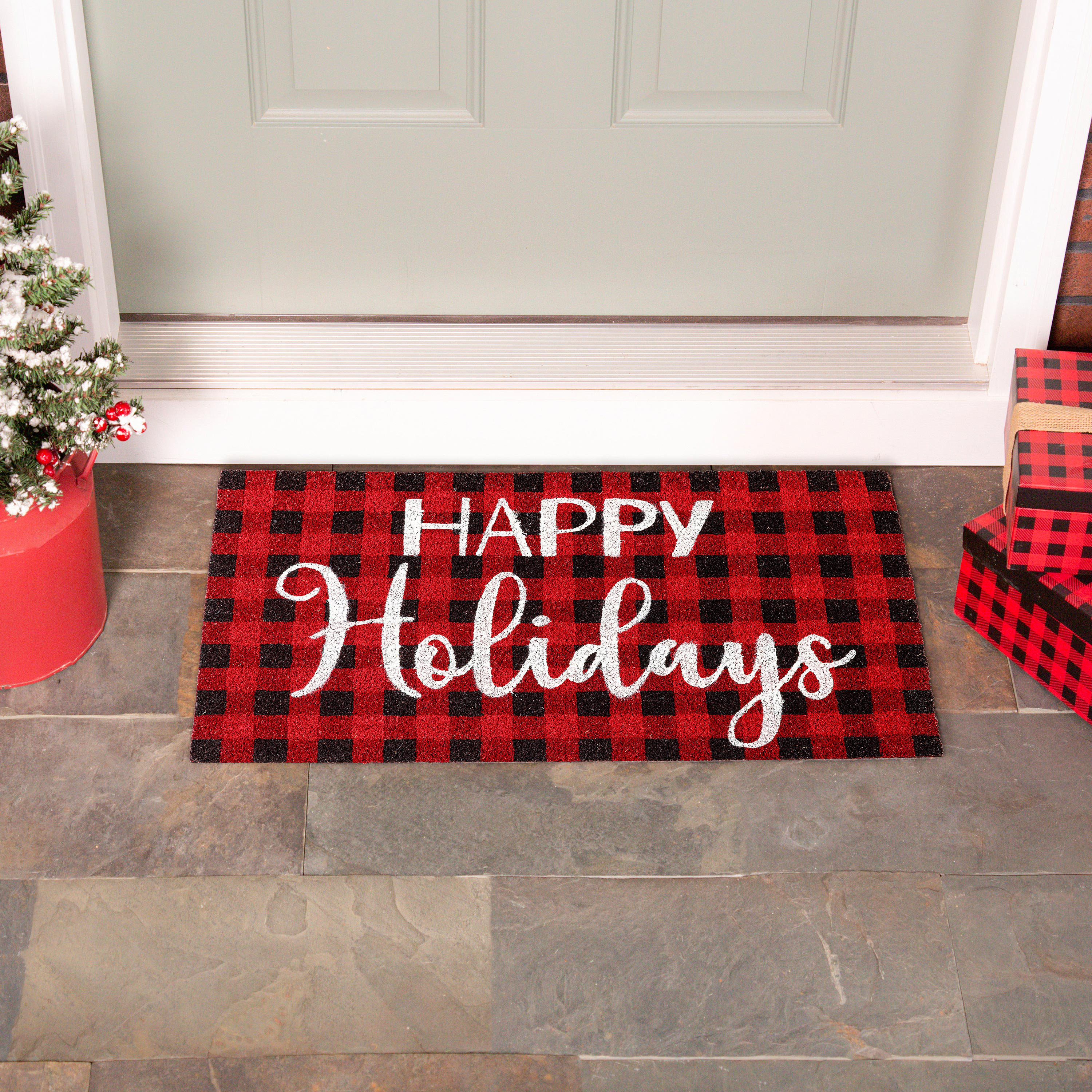 The Holiday Aisle® Happy Holidays Plaid Coir Mat | Wayfair
