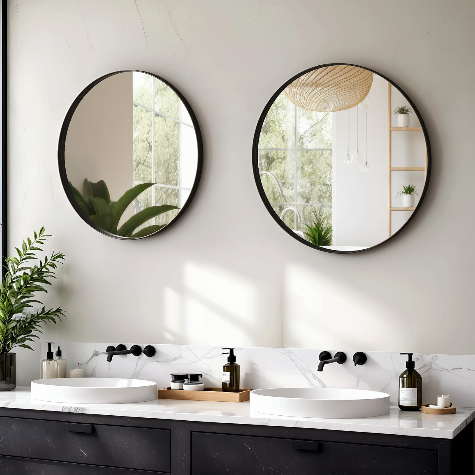 17 Stories Luxurious Deep Frame Round Bathroom Mirror, Wall Mirror Round With Black Brushed ...