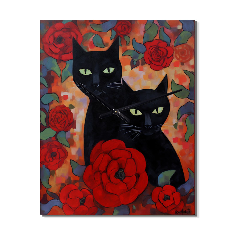 Design Art Two Black Cats With Red Roses Painting - Animals Cat Modern ...
