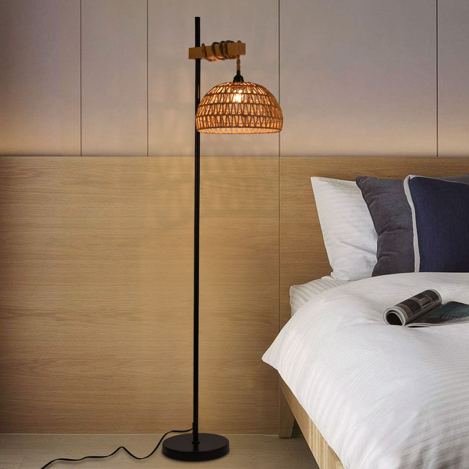 Breakwater Bay Varkins 1-Light Tall Standing Lamp with Rattan Lampshade ...