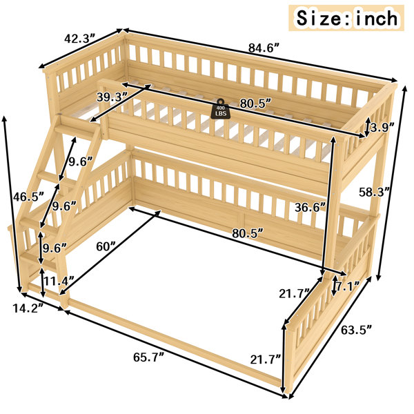 Harriet Bee Bunk Bed with Ladder & Safety Guardrails, Natural Wood Bed ...