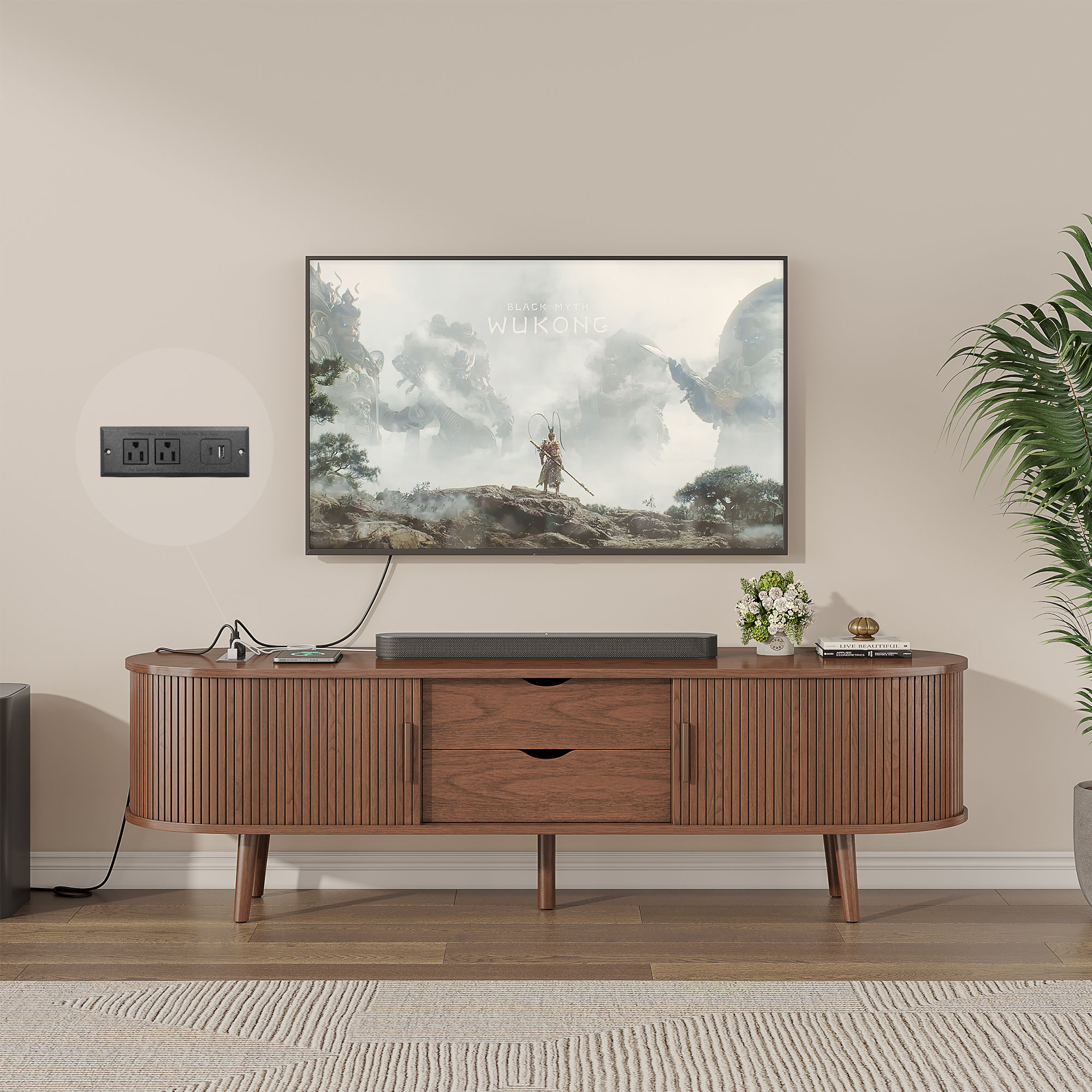 George Oliver 59 Inches Tv Stand With Charging Station Walnut & Reviews ...