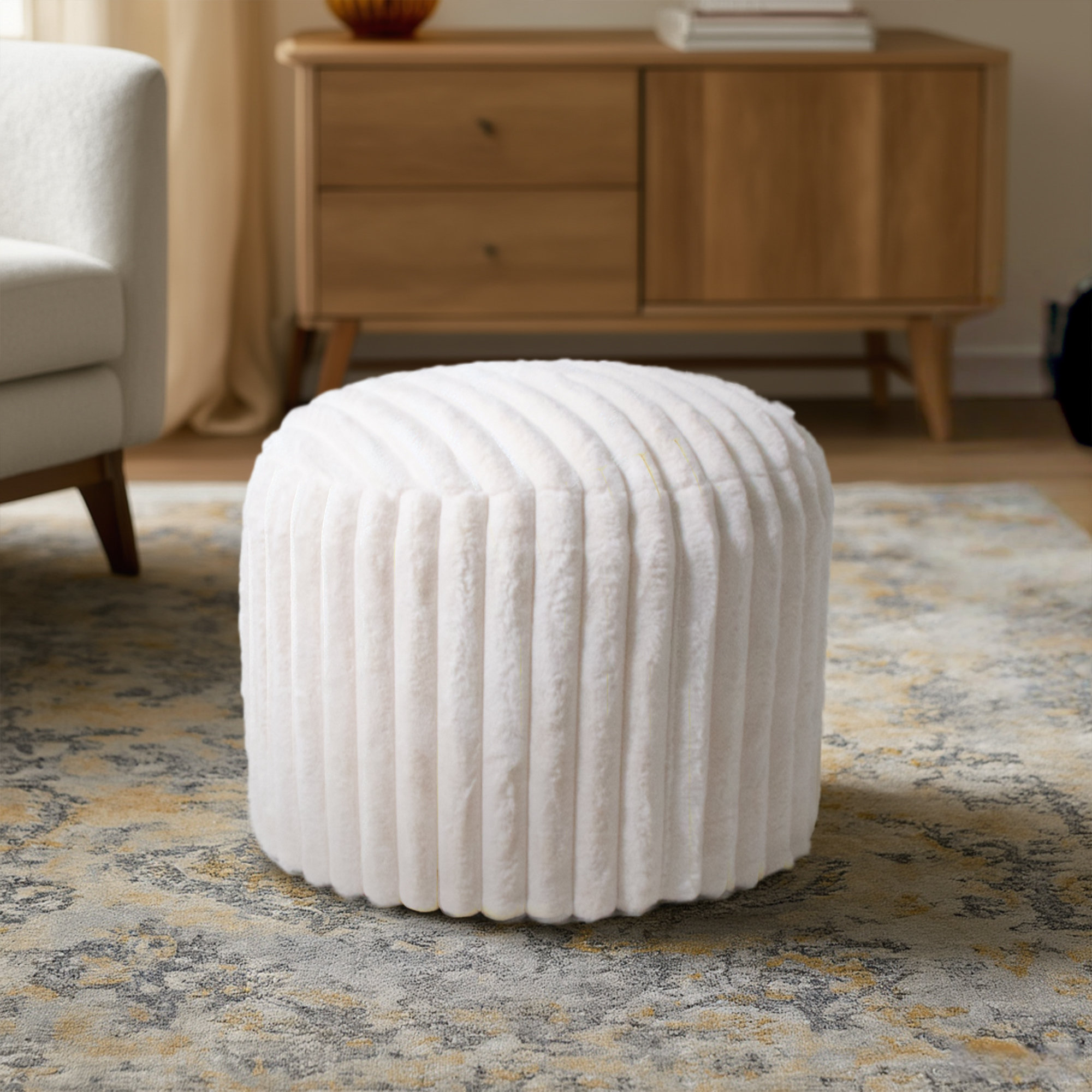 Mercer41 20'' Fluffy Faux Fur Ottoman, Round Pouf Footrest, Mooncake ...
