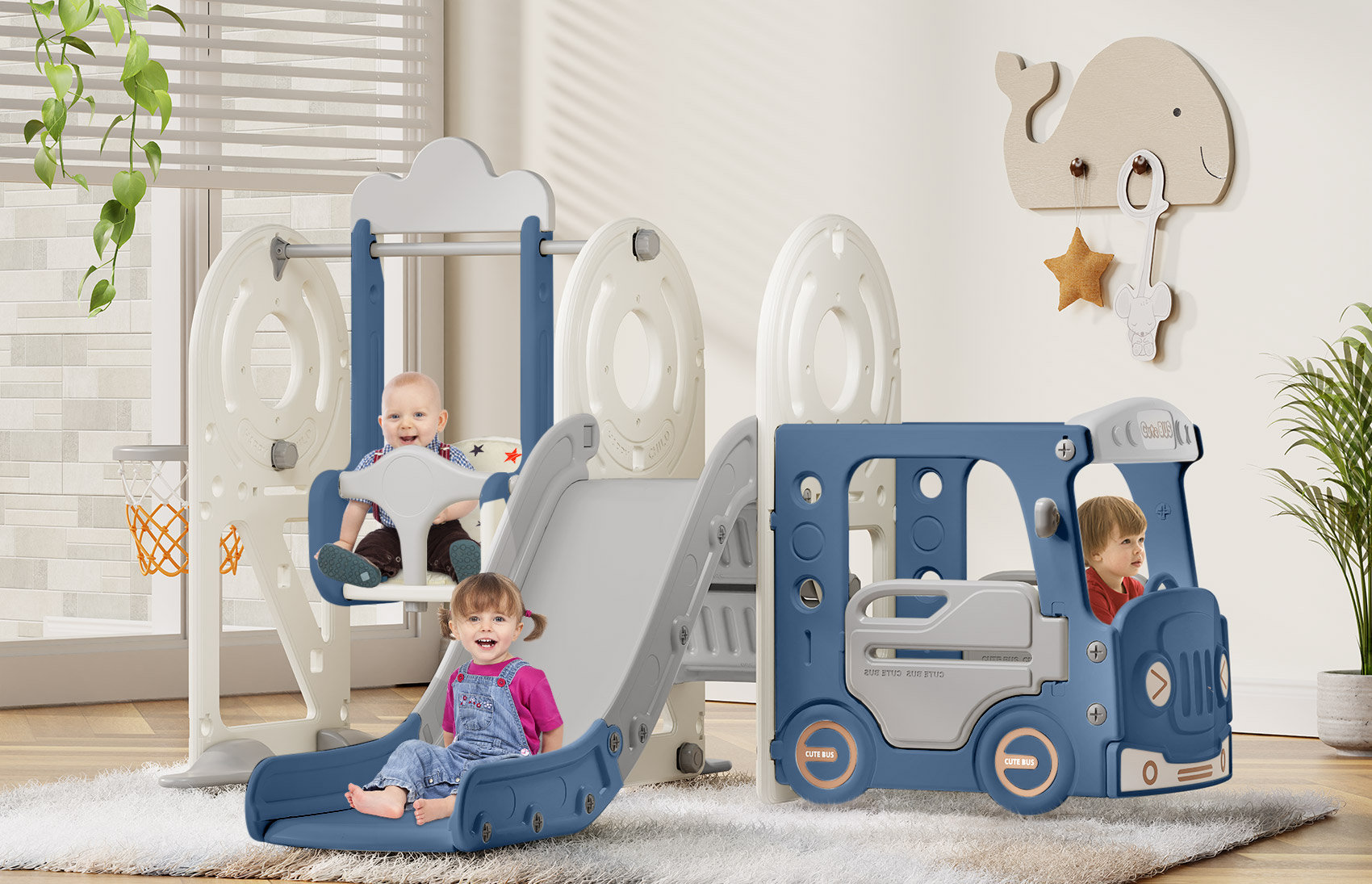 Suteck 5 in 1 Toddler Slide, Kids Slide with Climber,Bus Playhouse and ...