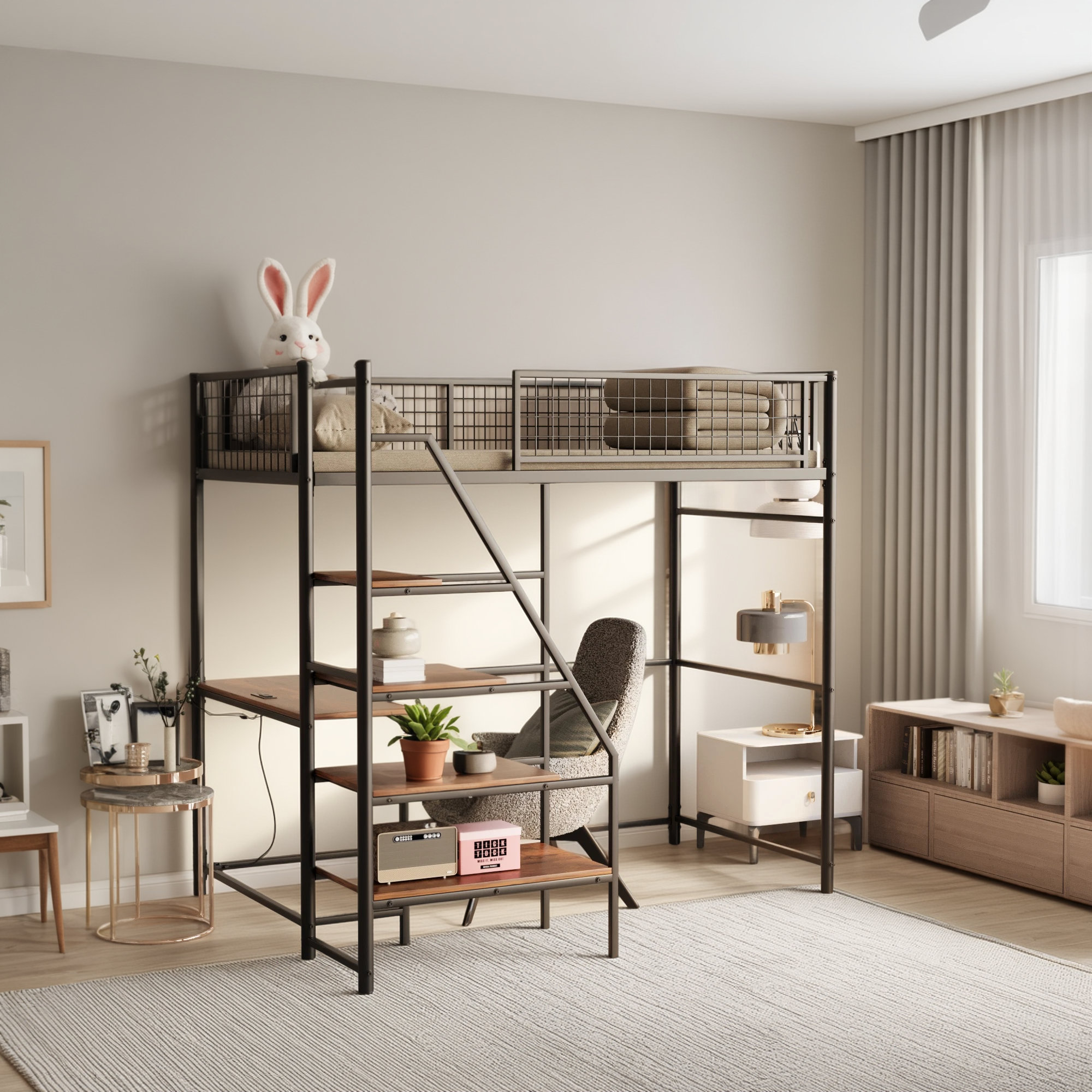 Wrought Studio Double-Decker Loft Metal Bed, Suitable For Bedrooms And ...