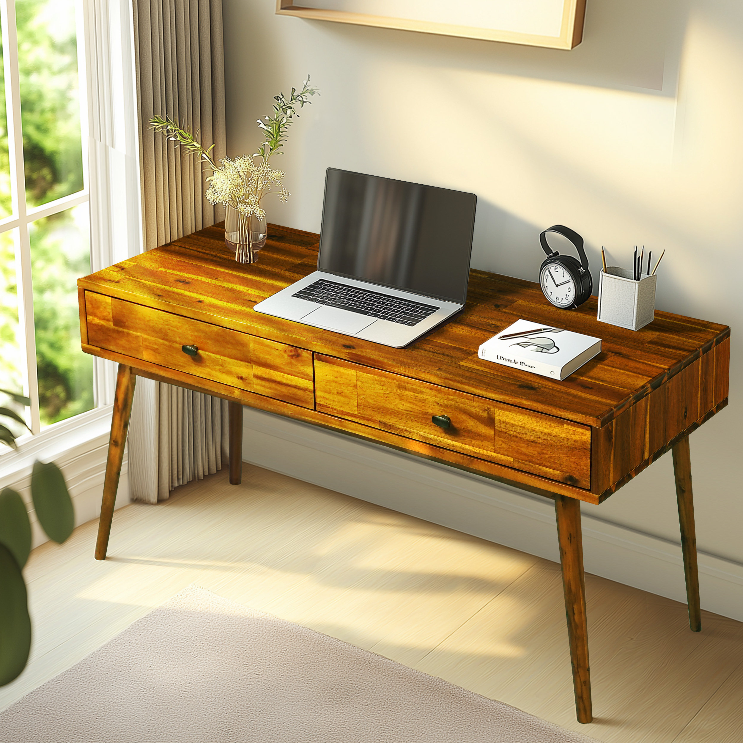 Acacia Lagom 48" Solid Wood Work Desk with Drawers Office Desk for Home ...