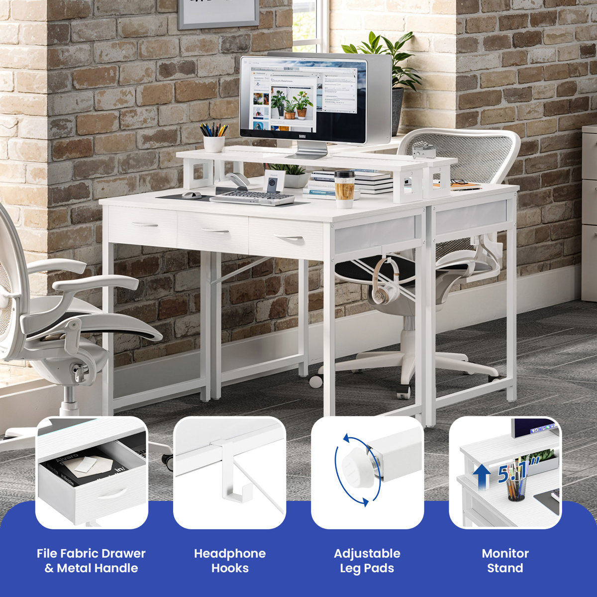 Ebern Designs 3-Drawers Computer Desk with Elevated Monitor Platform ...