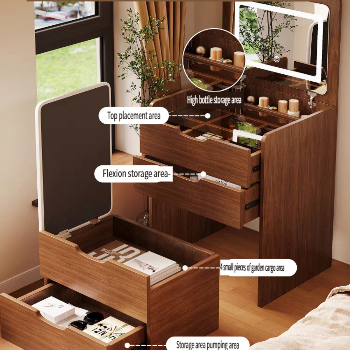 Ivy Bronx (60Cm)(Walnut) 3 In 1 Vanity Desk With Plip Top Mirror, Small ...