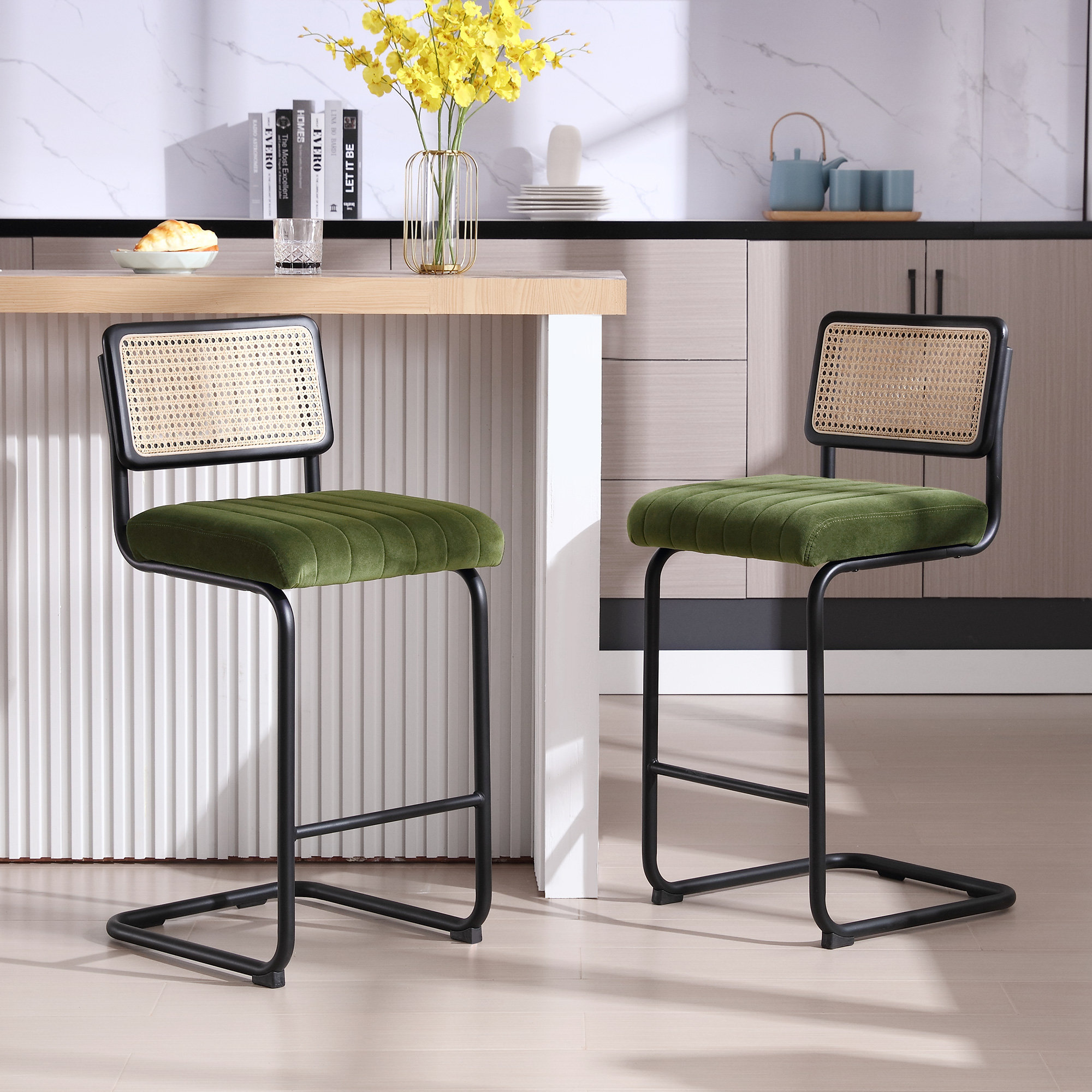 Bayou Breeze Arild 26.3'' Tufted Upholstered Counter Stool with Rattan ...