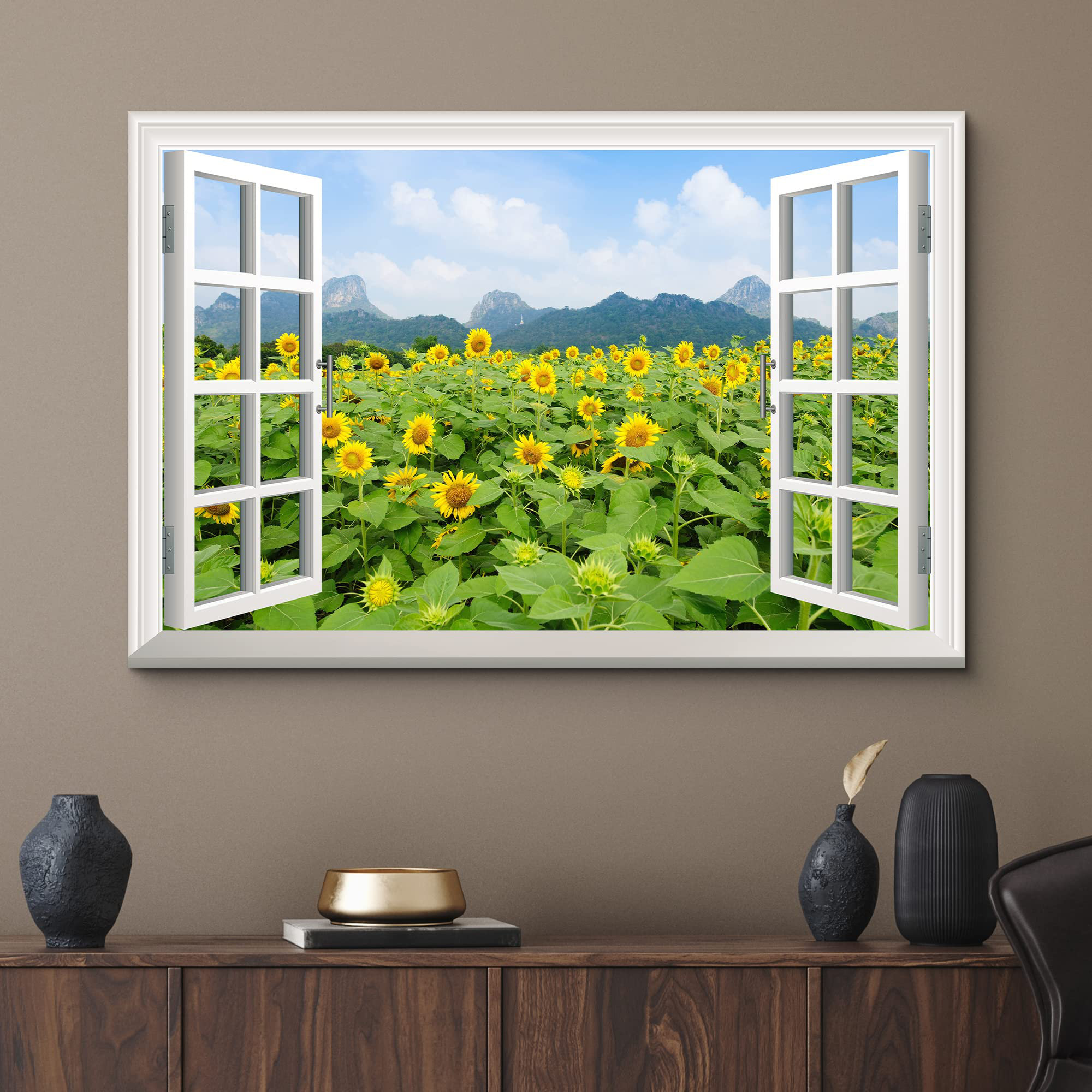 IDEA4WALL Window Scenery " Window View Of Sunflowers & Mountains Nature ...
