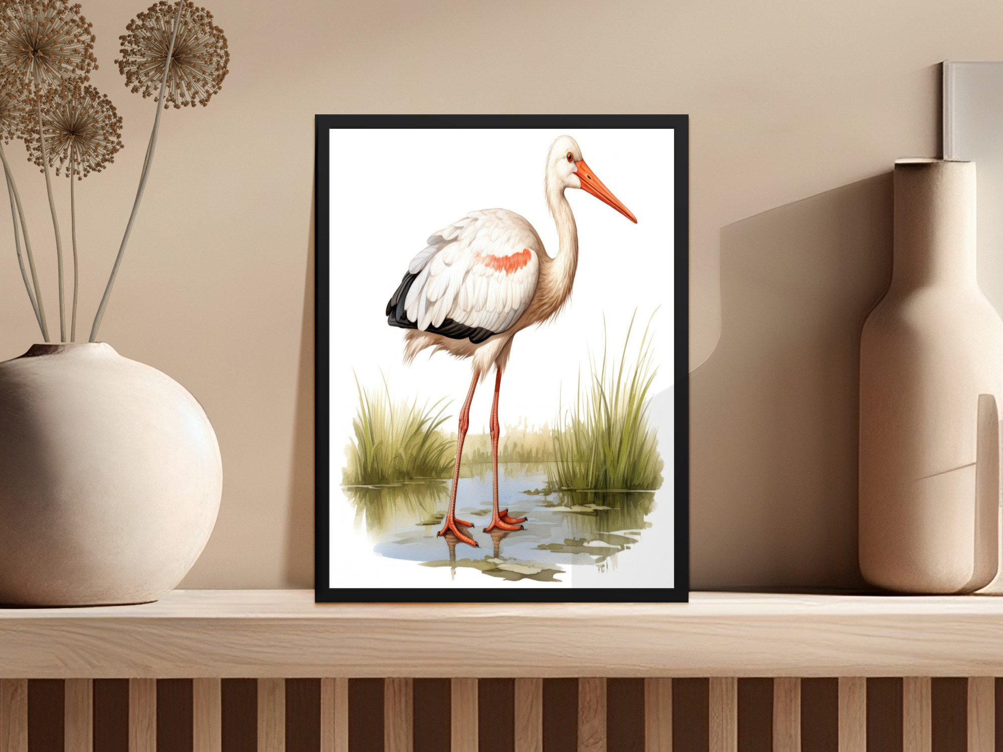 Brayden Studio Elegant Stork Standing Amidst Reeds Illustration Framed ...