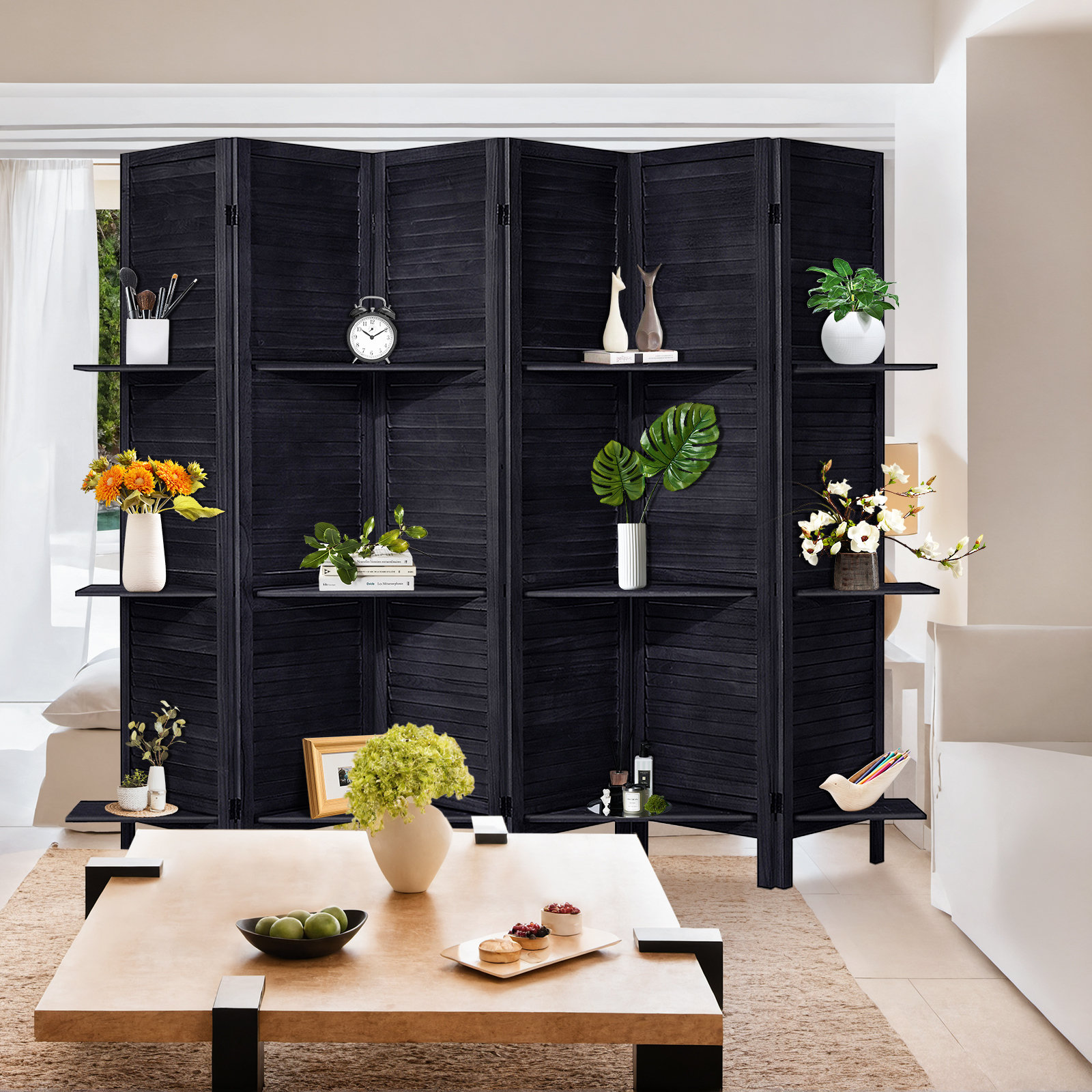 Gracie Oaks 5.6Ft Tall Room Divider With Shelves Wooden Folding Privacy ...