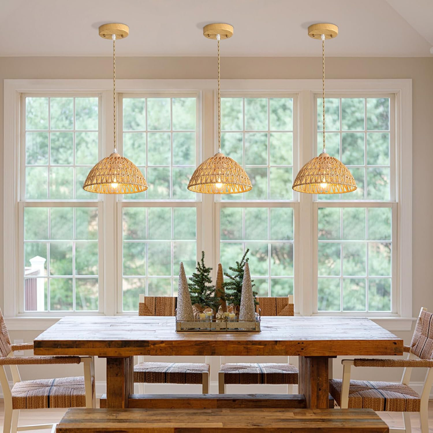 Bay Isle Home™ Farmhouse Wicker Pendant Light Fixture, 3-Light Boho ...