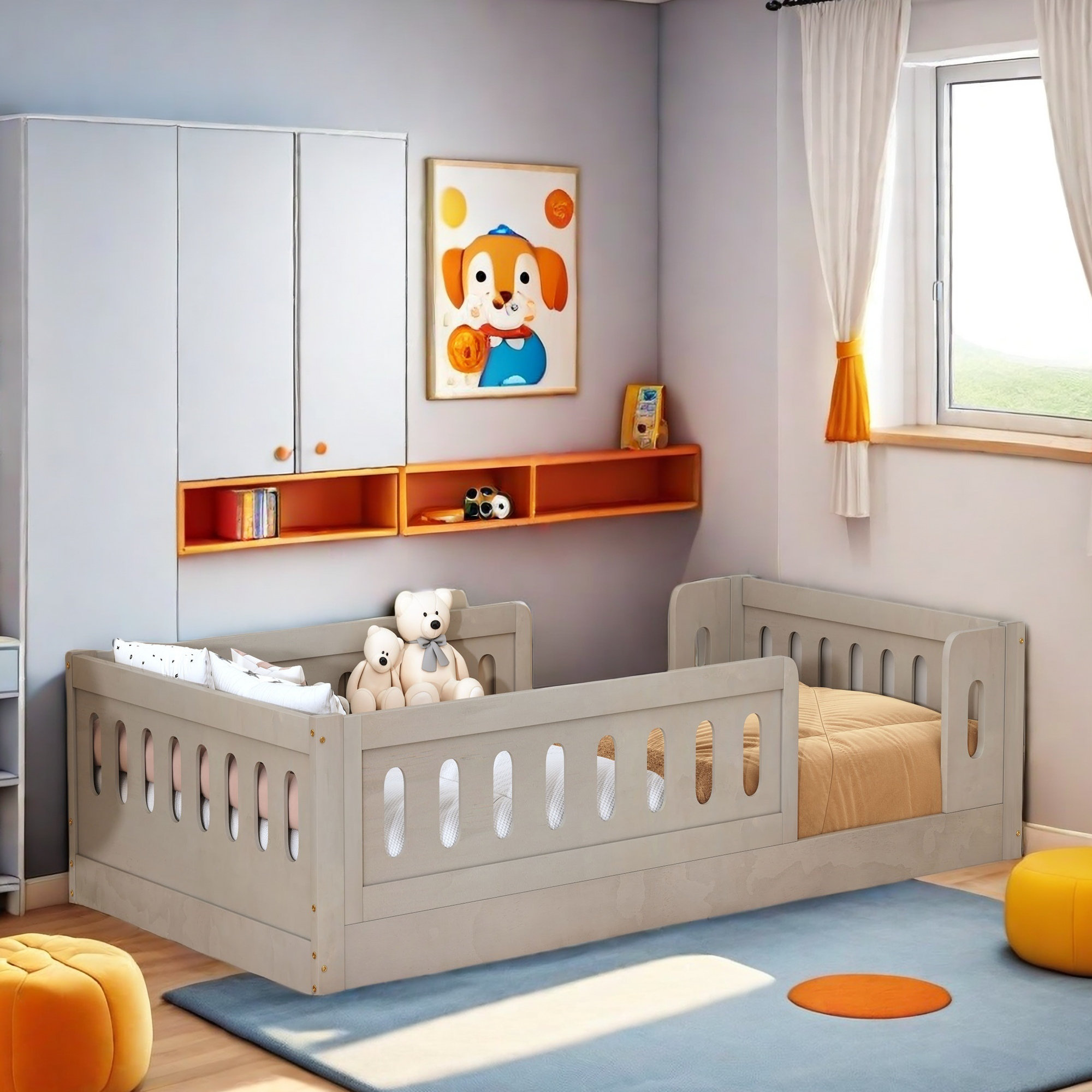 Winston Porter Wooden Platform Bed with Semi-enclosed Fence Warees ...