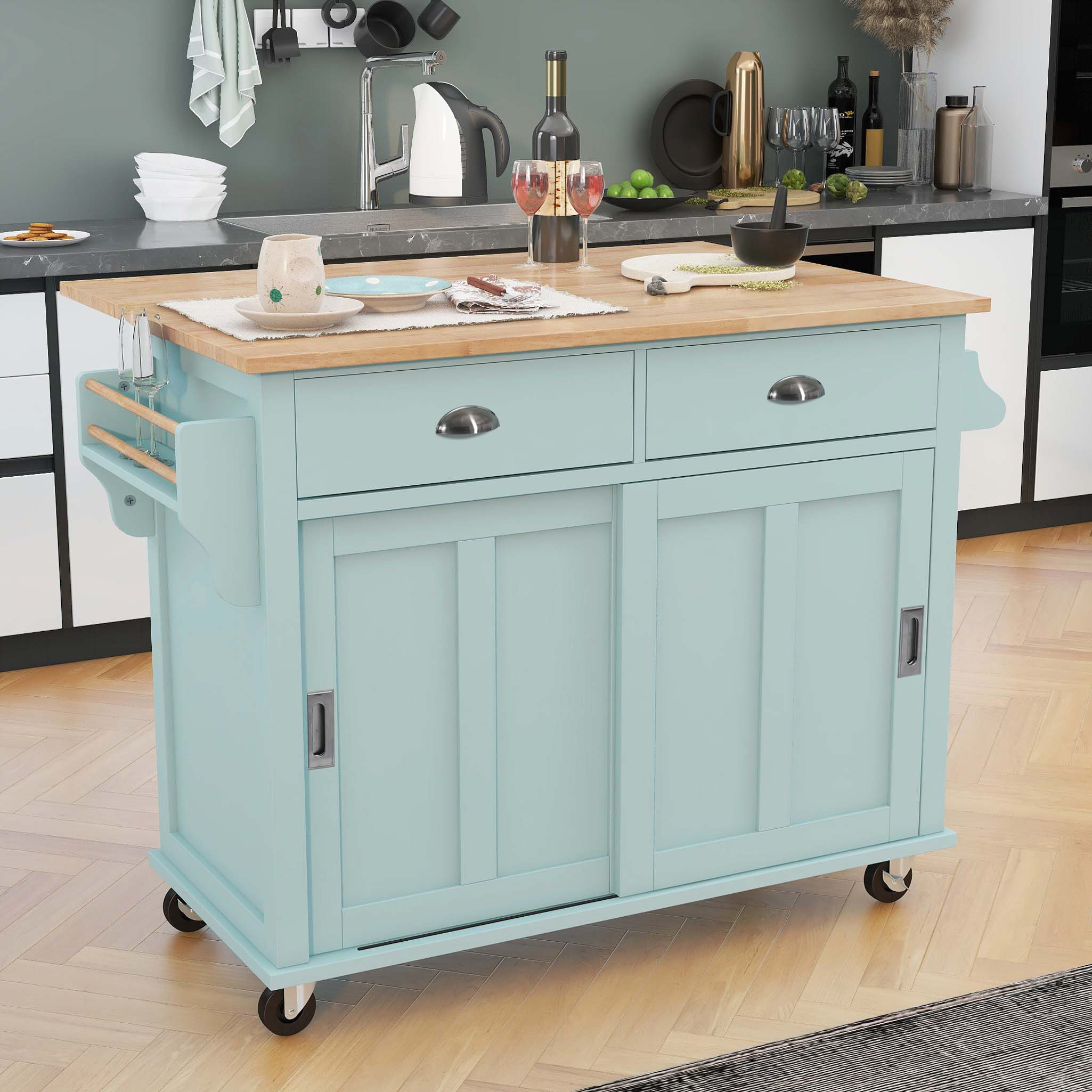 Dazzle Hives Kitchen Cart with Rubber wood Drop-Leaf Countertop ...