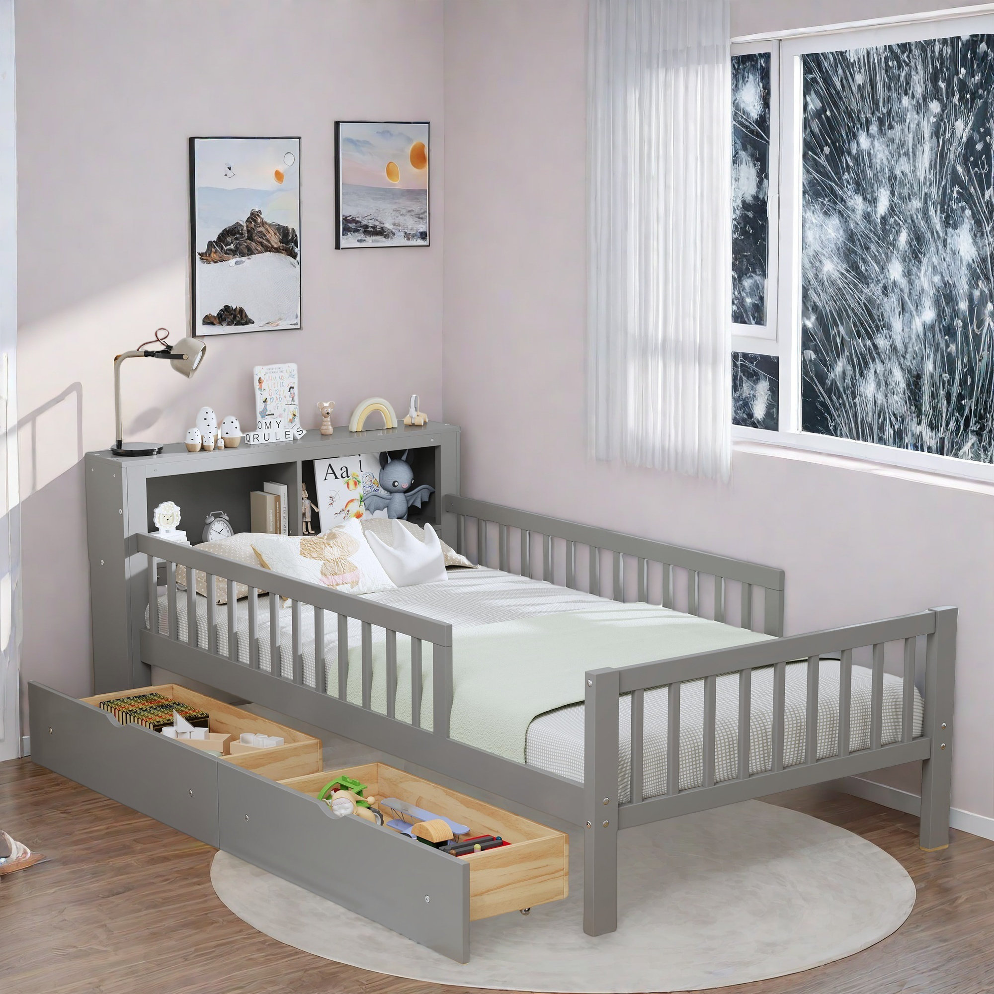 Winston Porter Bed With Headboard Storage Rack, Two Drawers And Three ...