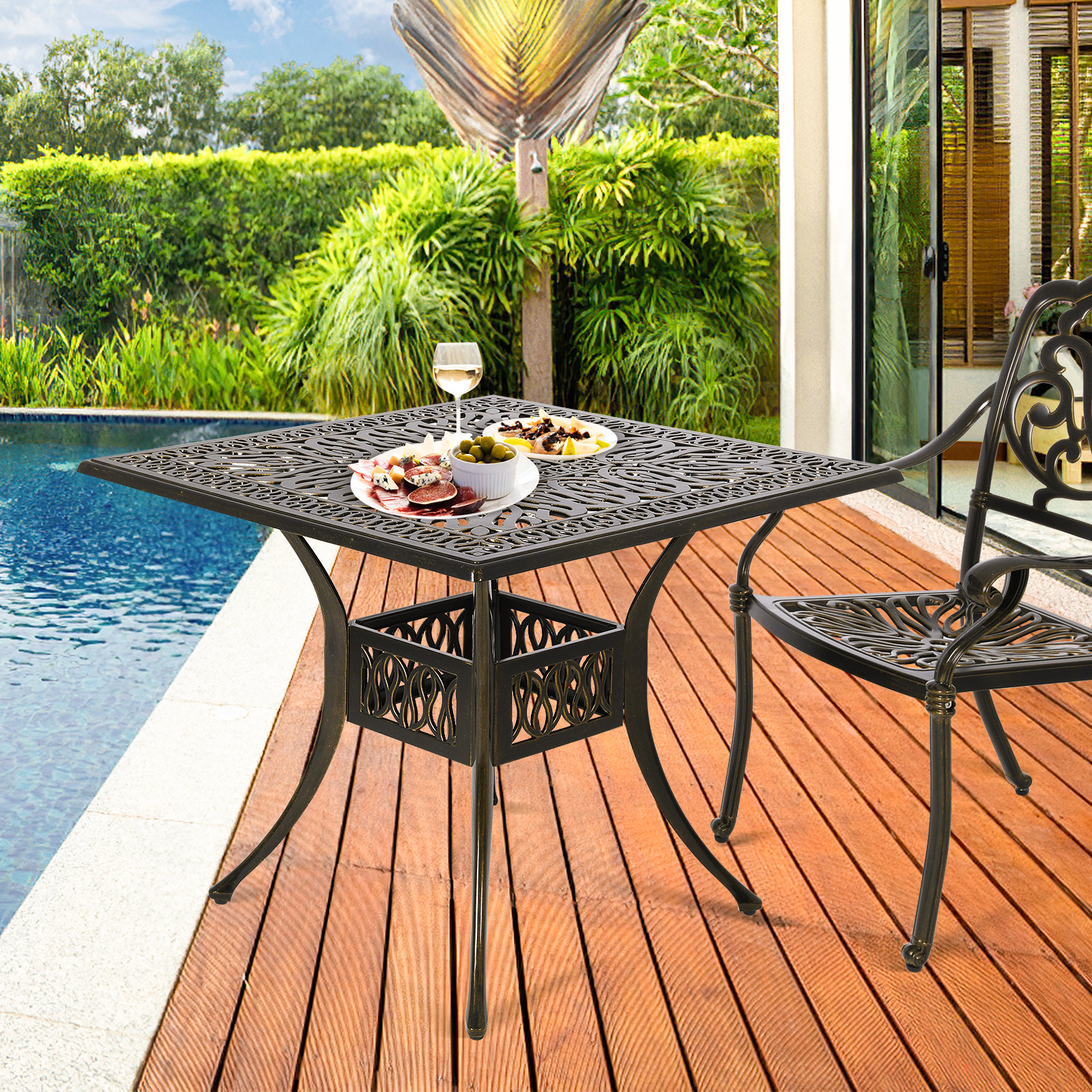 Fleur De Lis Living Outdoor Cast Aluminum Bistro Table W/ Umbrella Hole ...
