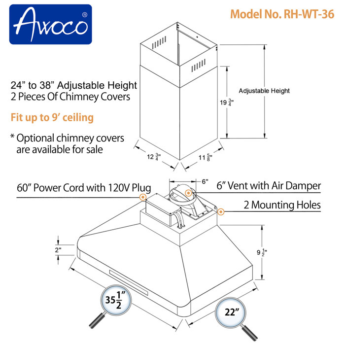 Awoco 36" 900 Cubic Feet Per Minute Ducted (Vented) Wall Mount Range ...