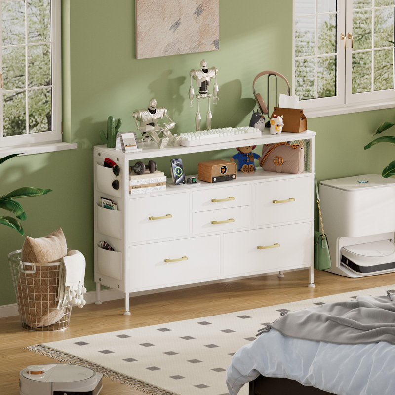 Wrought Studio™ White Dresser for Bedroom TV Stand 6 Drawers - charging ...
