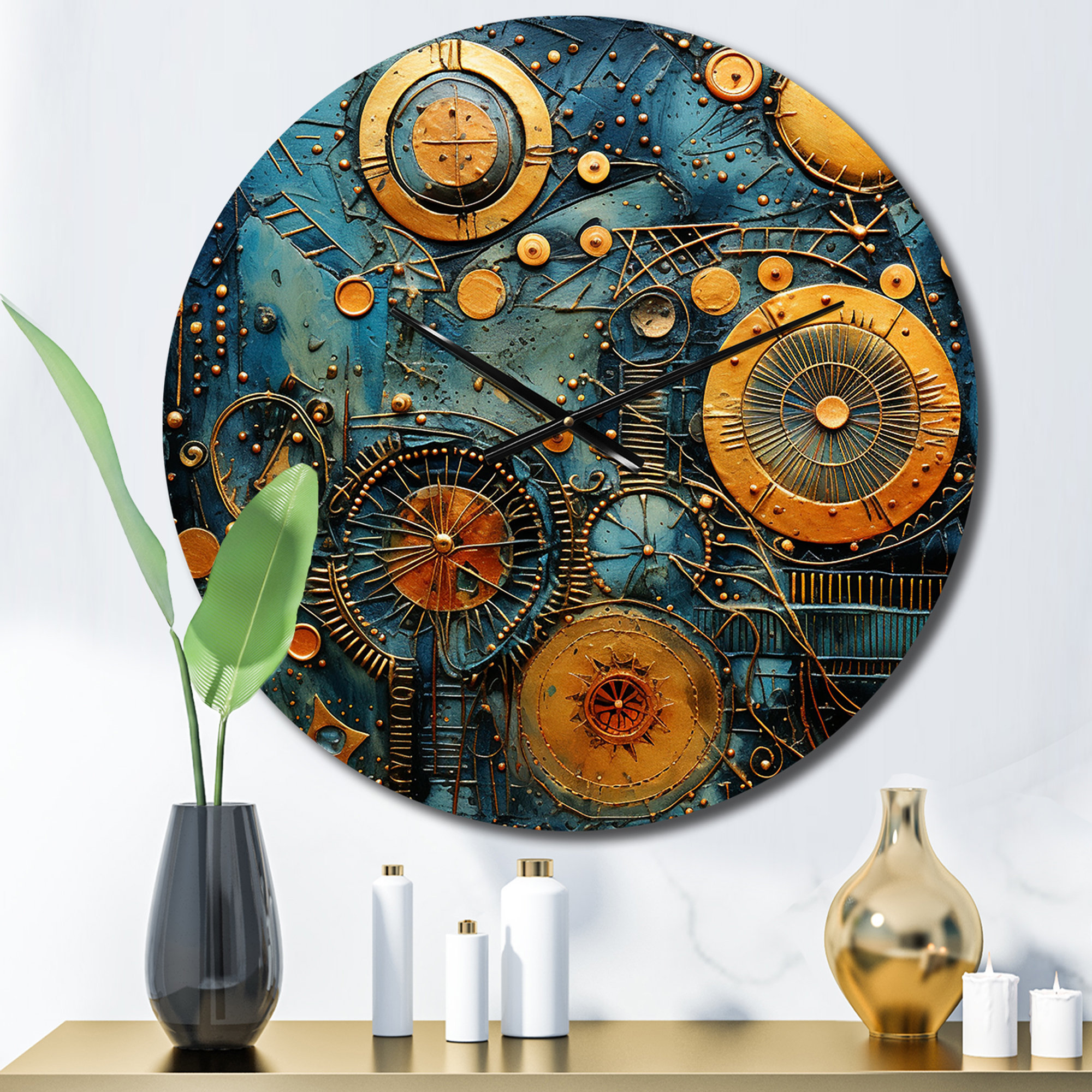 Design Art Ancient Compass Geometric In Gold And Blue II Metal Wall ...