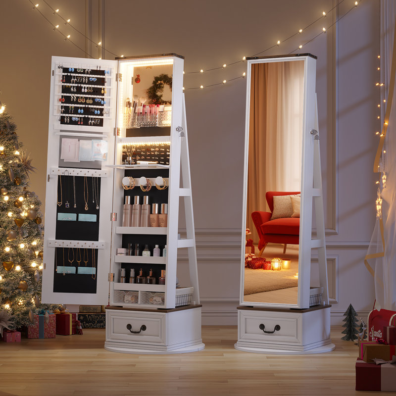 Alcott Hill® Jewelry Armoire Cabinet With Mirror, Led Lights, Rotating ...