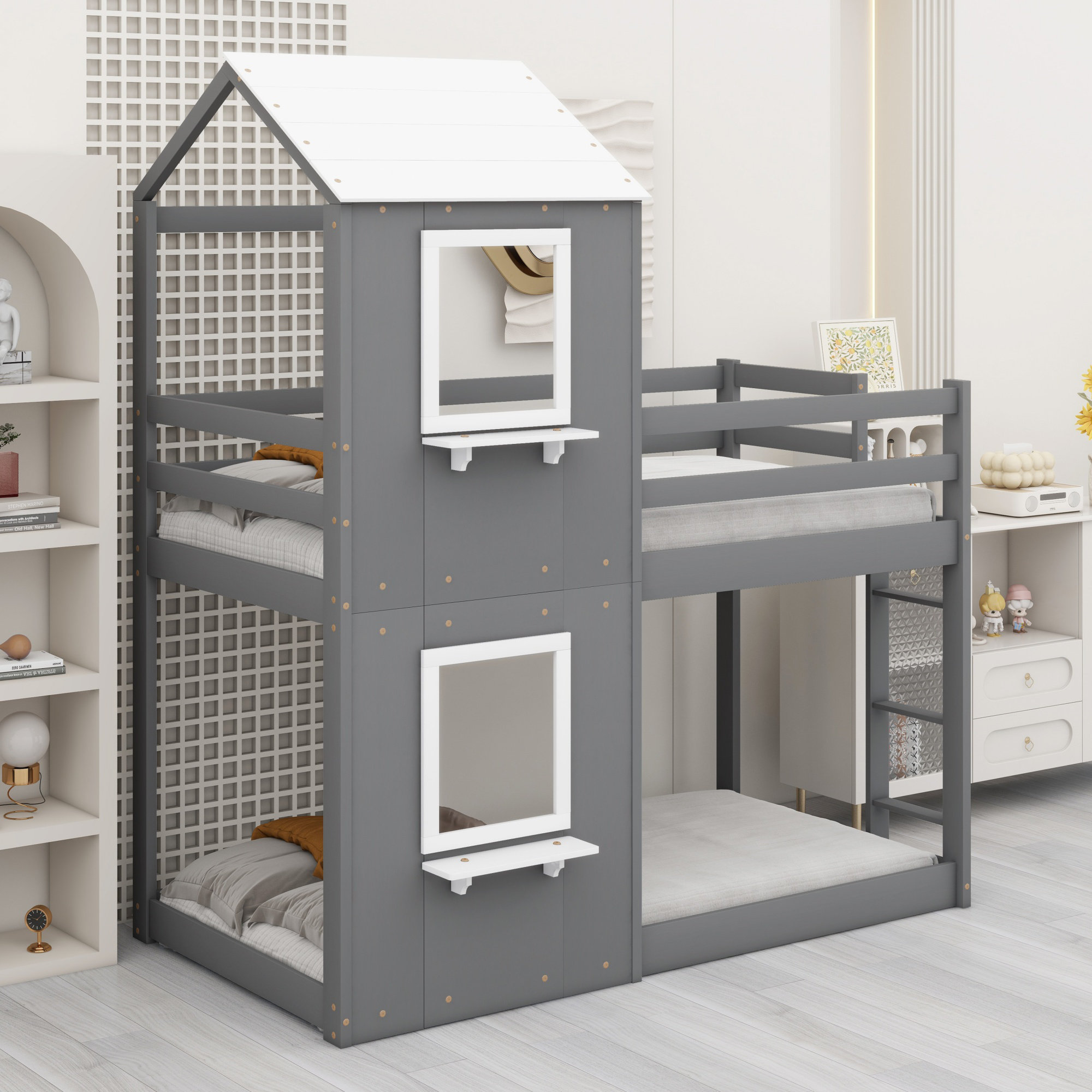 Harper Orchard Bunk Bed With Roof, Window, Guardrail, Ladder | Wayfair