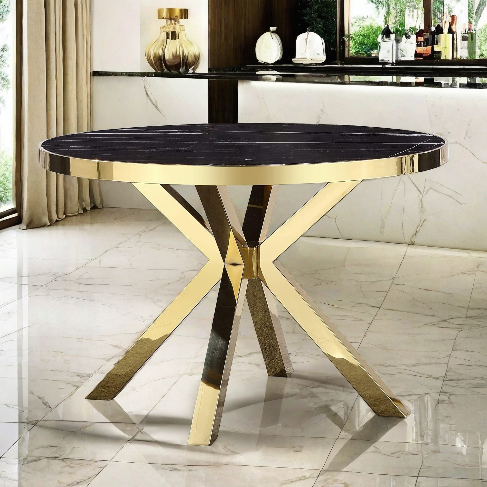 Mercer41 45" Round Dining Table, Gold Round Table for Dining Room ...