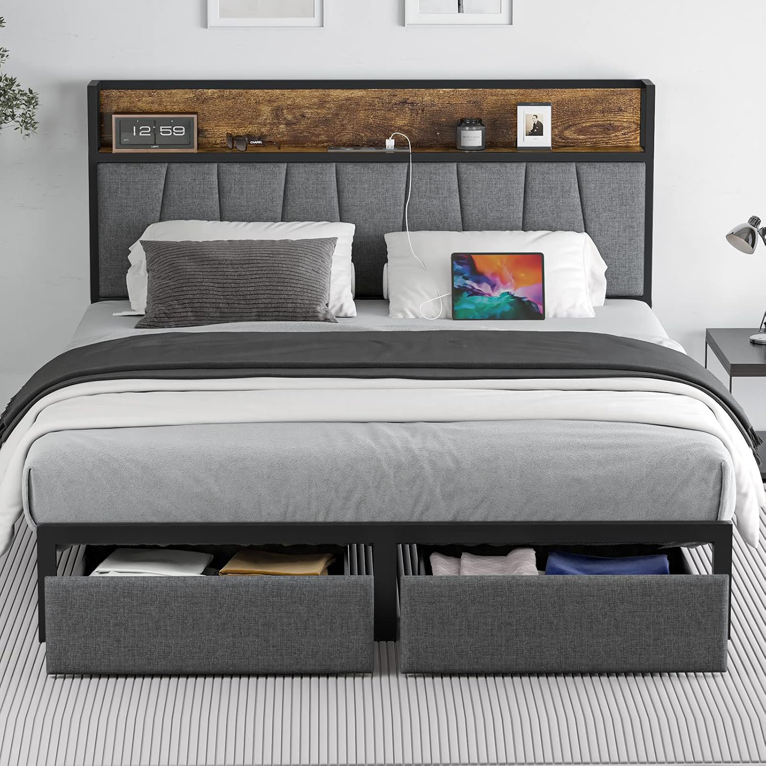 17 Stories Keira Queen Size Bed Frame with Headboard and Storage, Drawers Platform Bed Frame ...