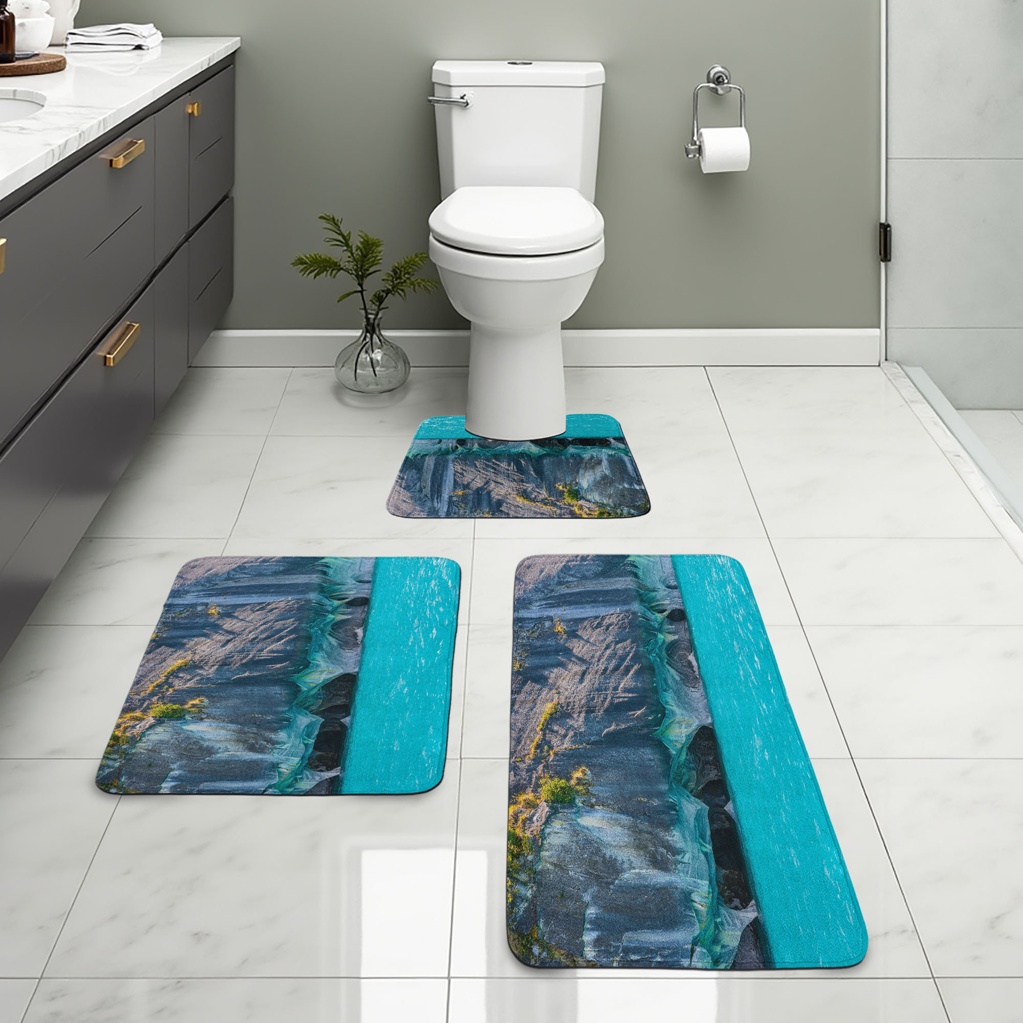 East Urban Home Turquoise Bathroom Rug Set 3 Pieces U-Shape & Rectangle ...