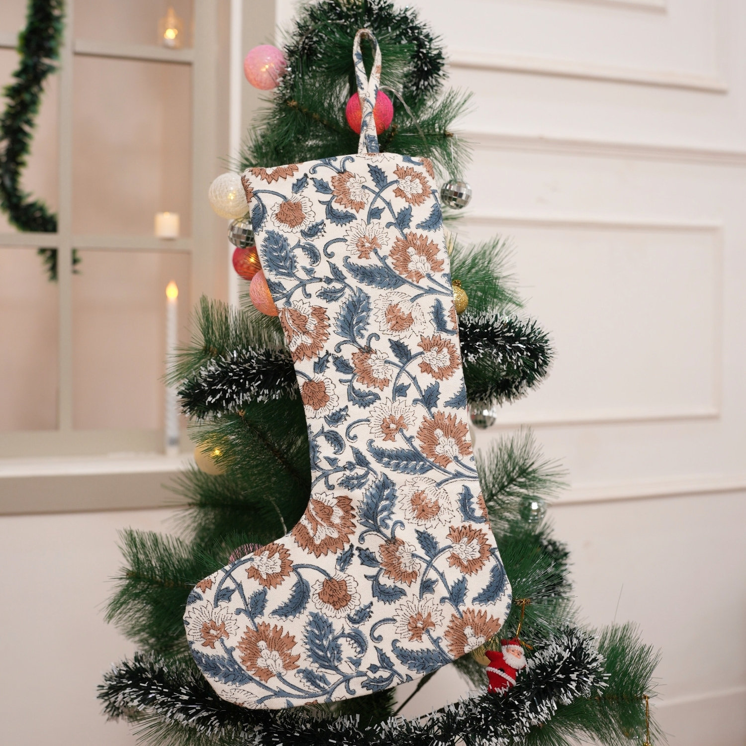 The Holiday Aisle® Handmade Block Print Christmas Stocking White Cotton ...