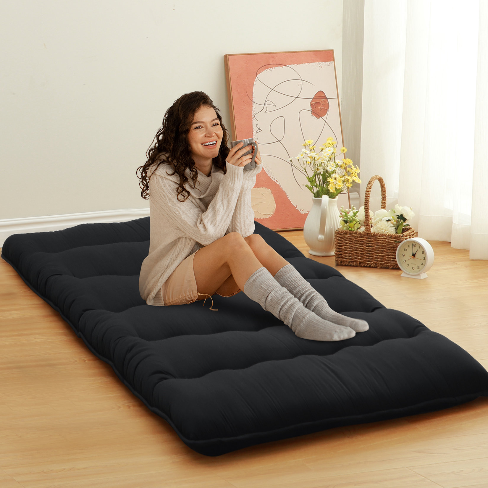 Ebern Designs Portable Japanese Futon Mattress, Floor Lounger Bed ...