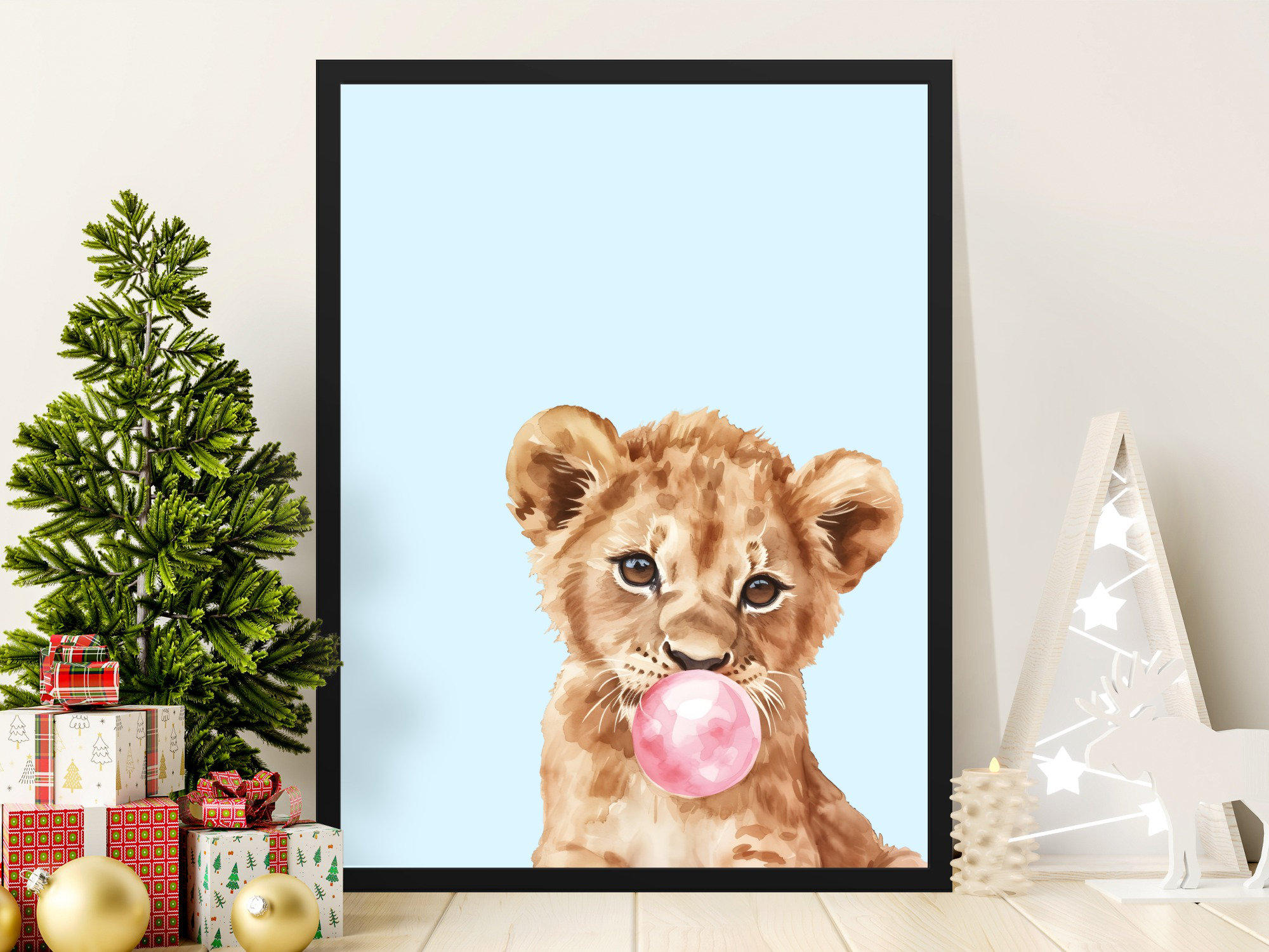 Happy Larry Lion Wall Art, Cute Animal Print, Bubble Gum Art, Nursery ...