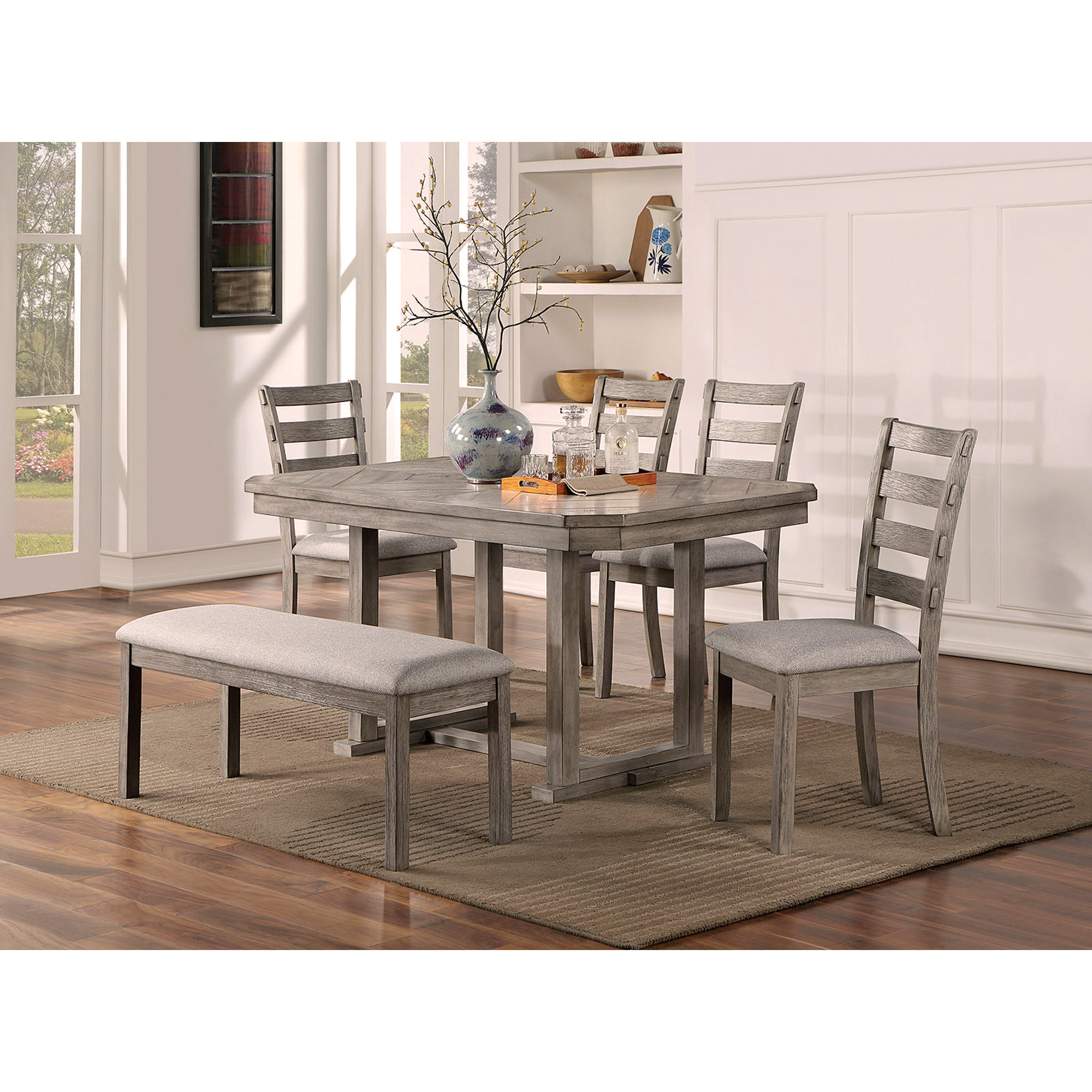 August Grove® Dining Table 4x Side Chairs Bench 6pcs Dining Set Grey ...